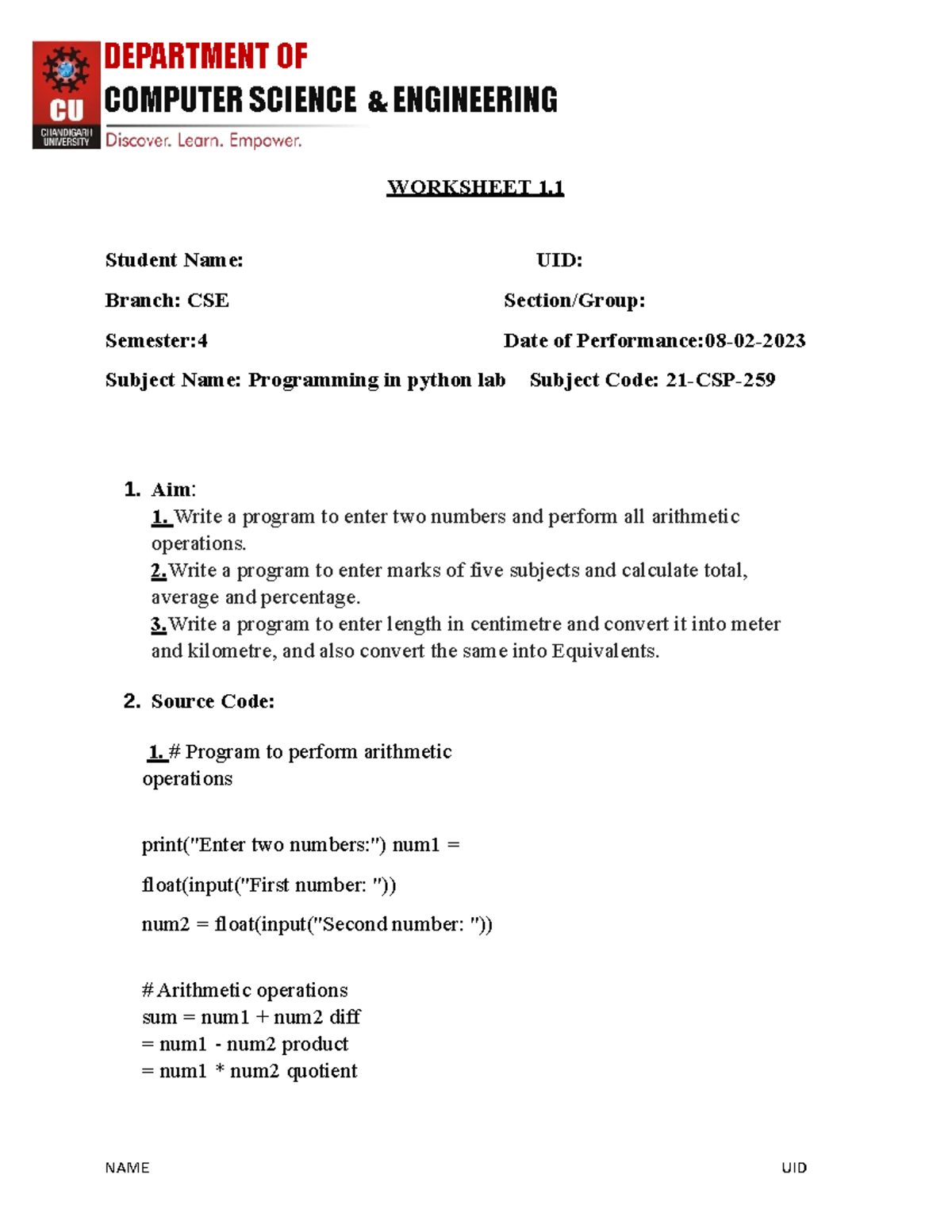 21bcs5841 python 1 - it is very good - DEPARTMENT OF COMPUTER SCIENCE ...