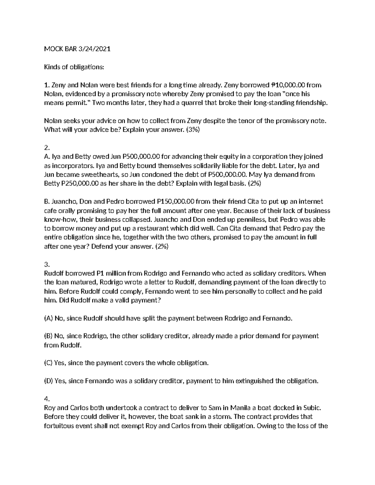 MOCK BAR 3242021 - Civil Law Mock Bar - MOCK BAR 3/24/ Kinds of ...