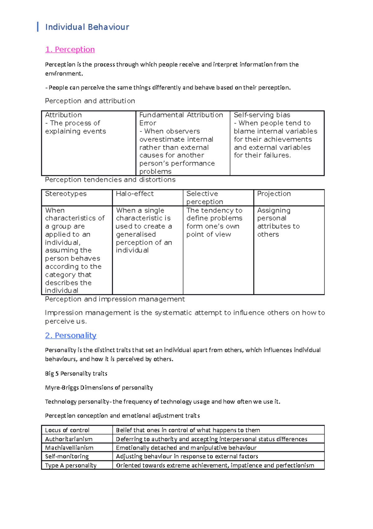 COM100 Chapter 15 Individual Behaviour - Individual Behaviour 1. Perception Perception is the ...
