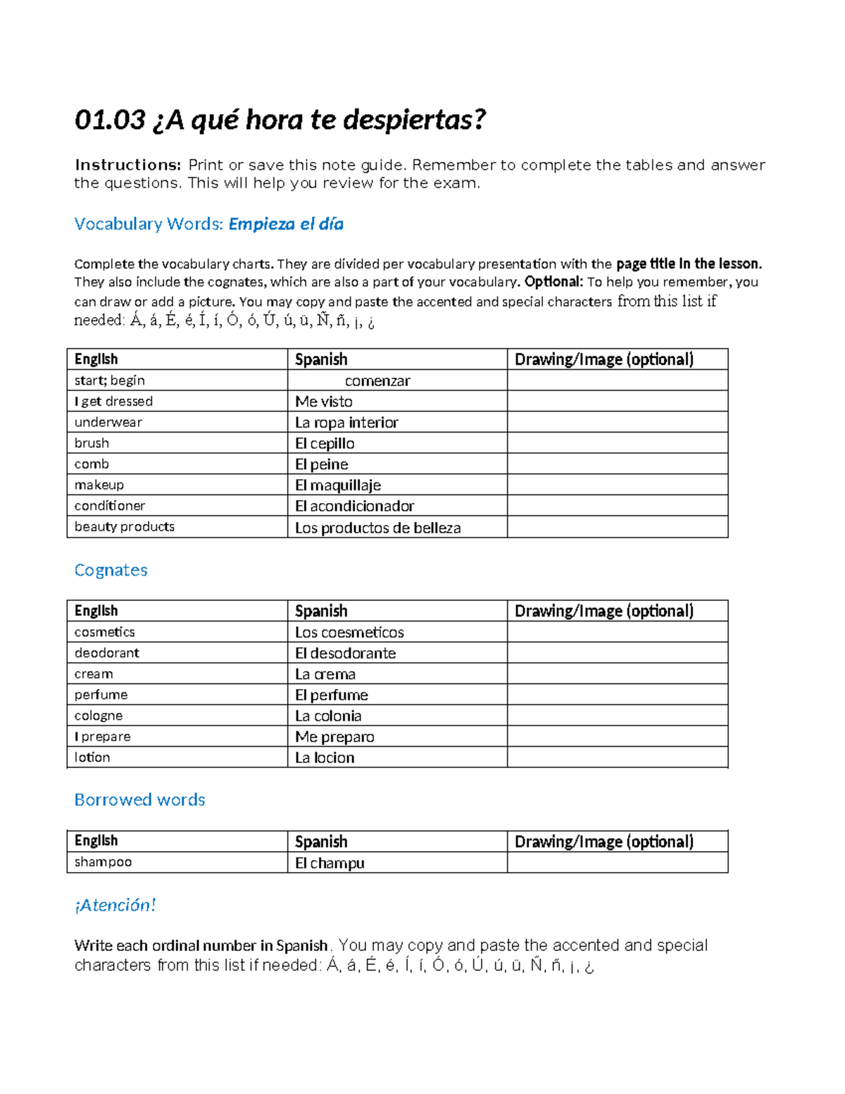 01 03 notes - spanish - 01 ¿A qué hora te despiertas? Instructions ...