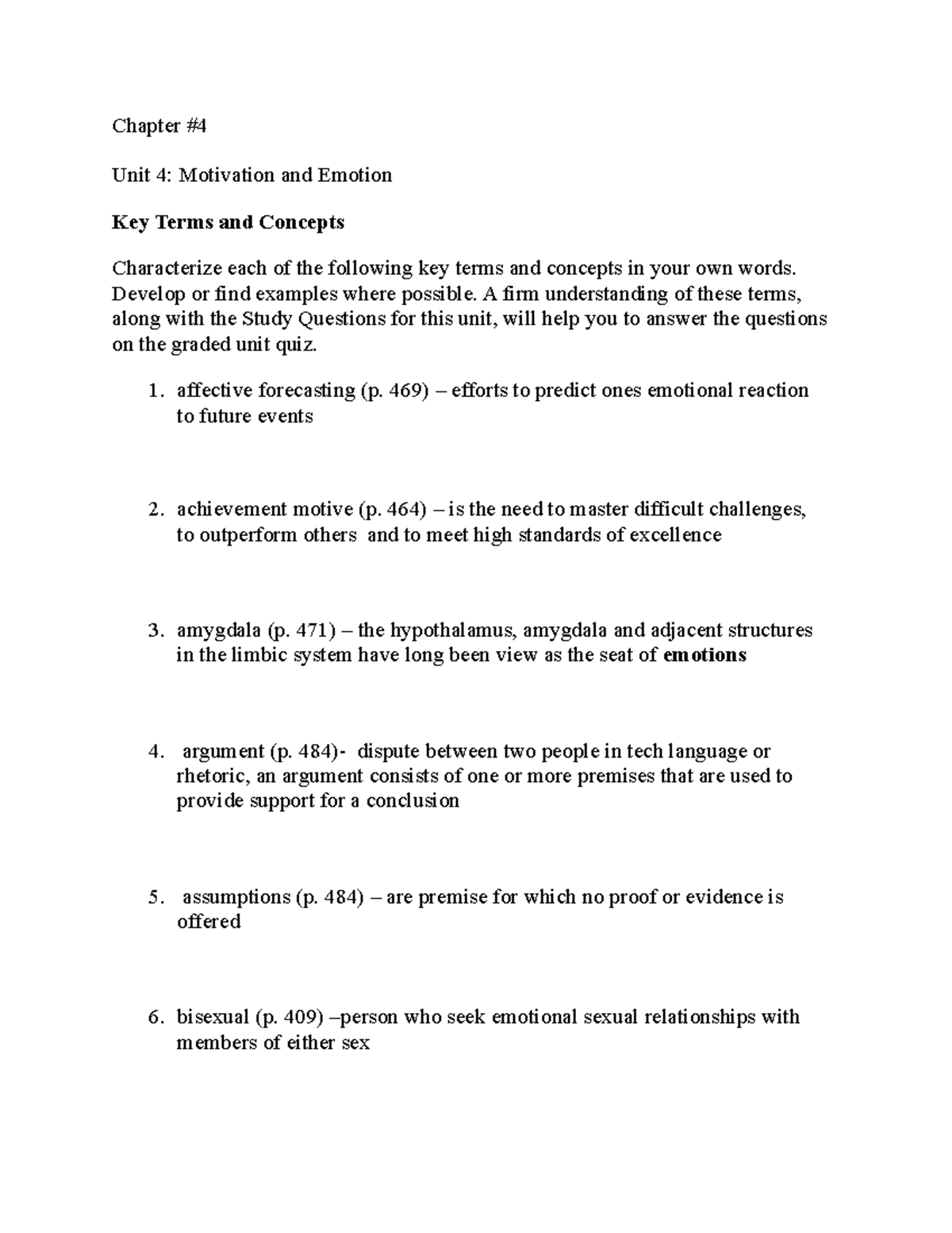 Chapter 4 psycology - Chapter Unit 4: Motivation and Emotion Key Terms ...