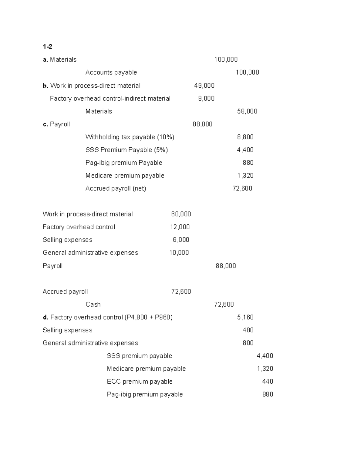 1-2 - Accounting problems - a. Materials 100, Accounts payable 100, b ...