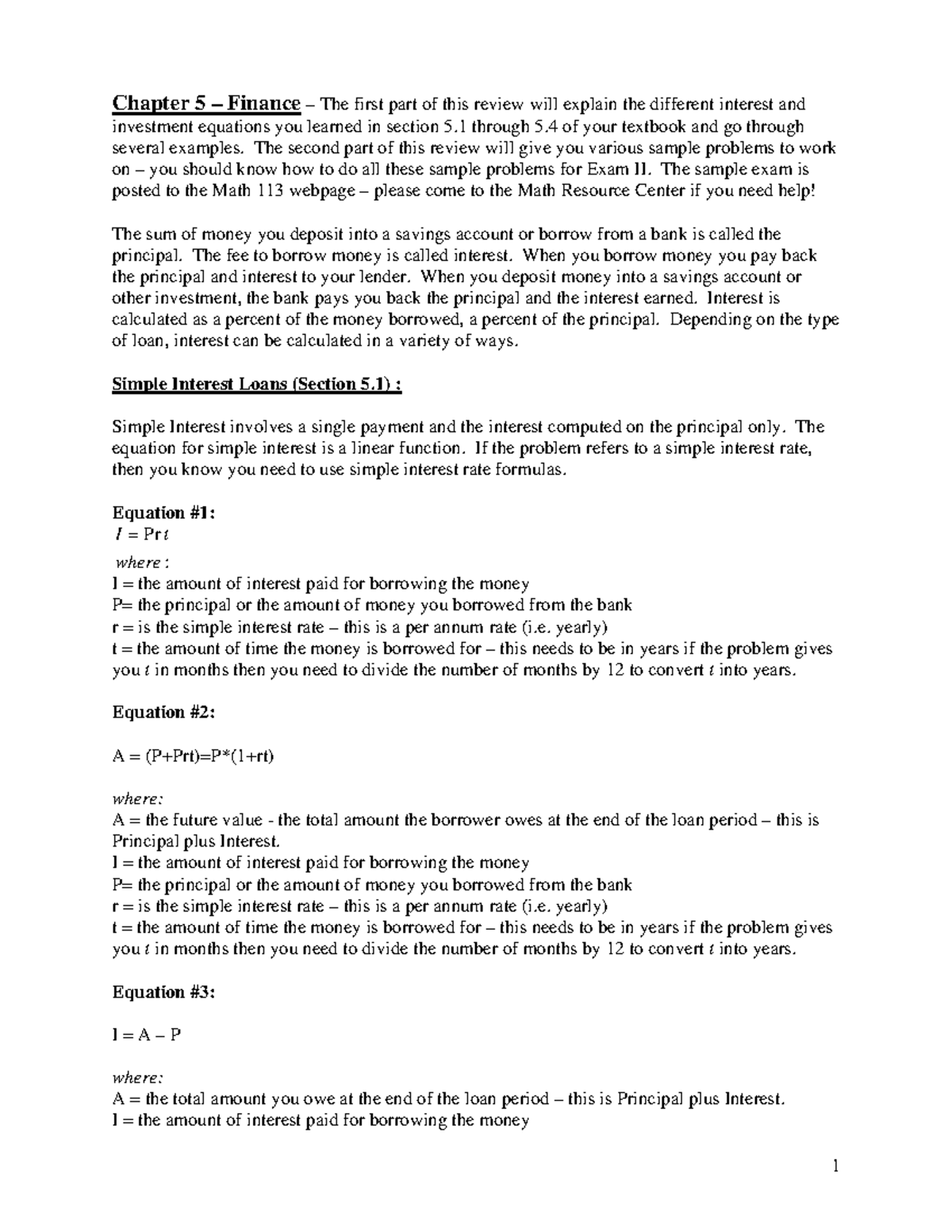 Math 113 exam 2 review general mathematics - Chapter 5 – Finance – The ...