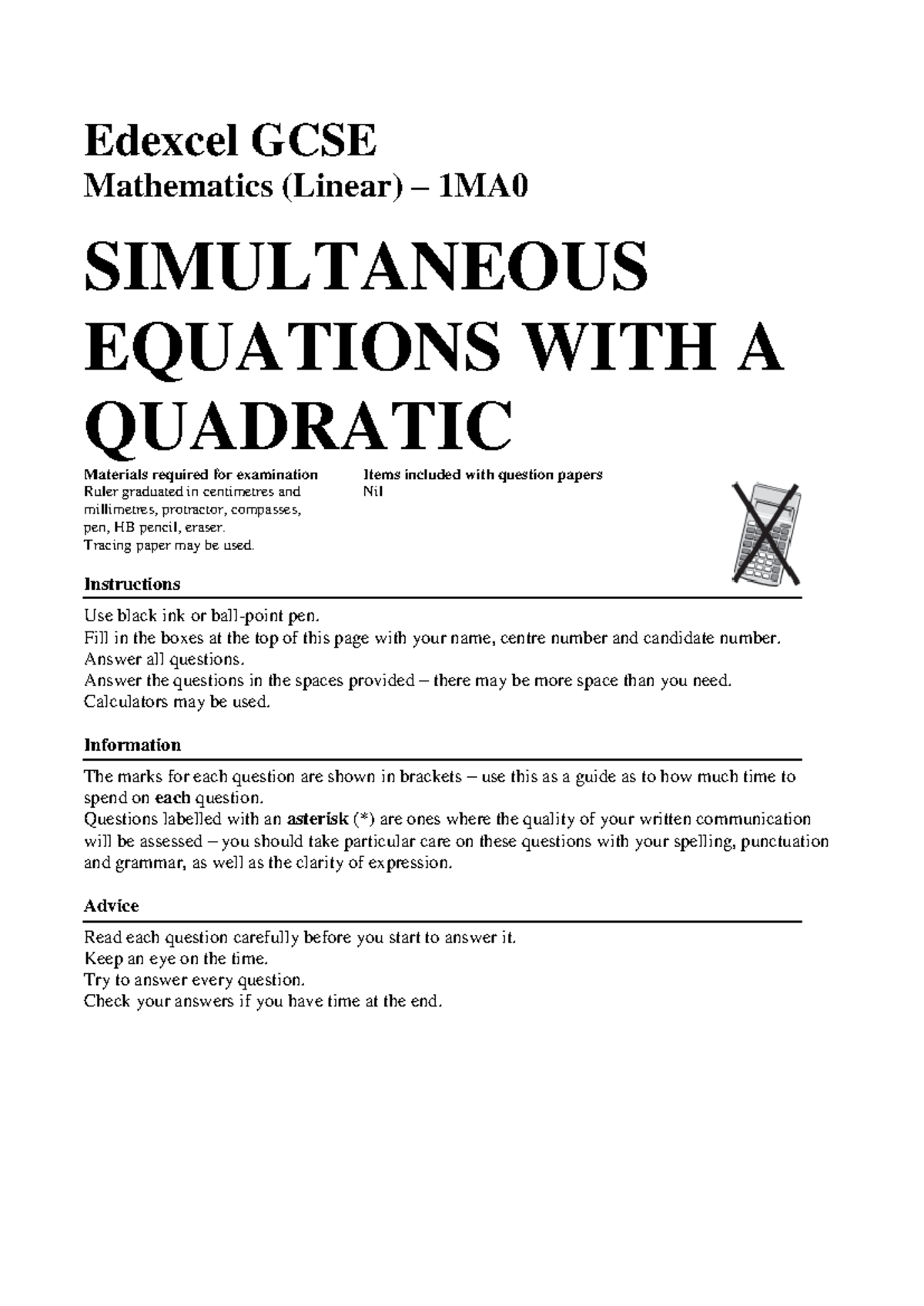 101 simultaneous-equations-with-a-quadratic - Edexcel GCSE Mathematics (Linear) – 1MA ...