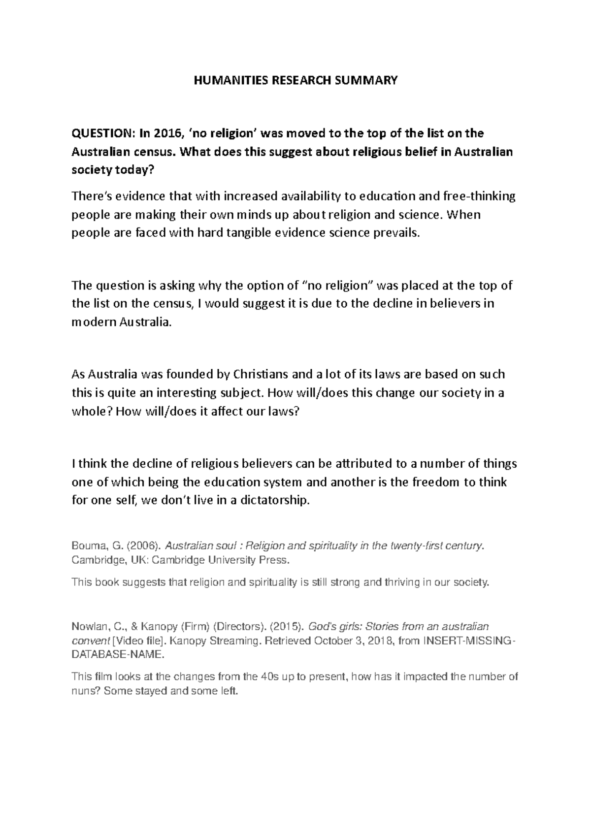 Peer example 1 humanities - HUMANITIES RESEARCH SUMMARY QUESTION: In ...