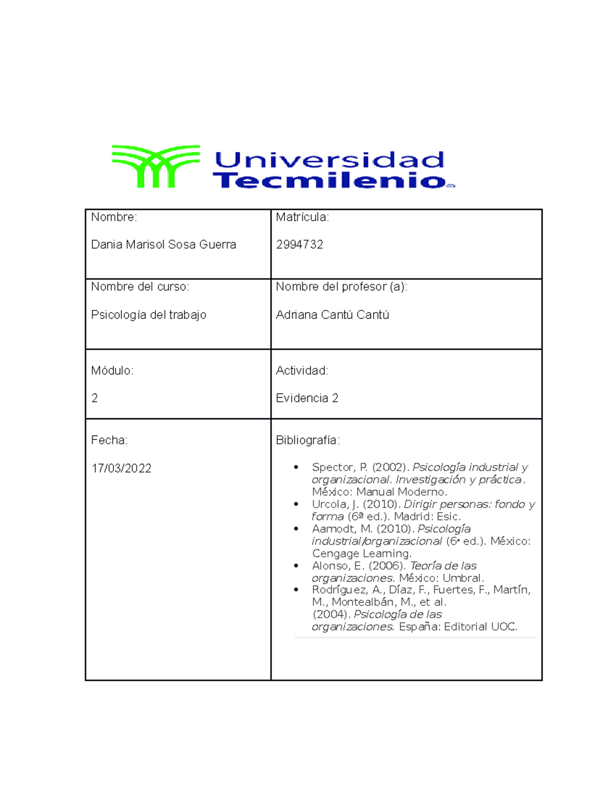 Evidencia 2 - ejercicio - Nombre: Dania Marisol Sosa Guerra Matrícula ...