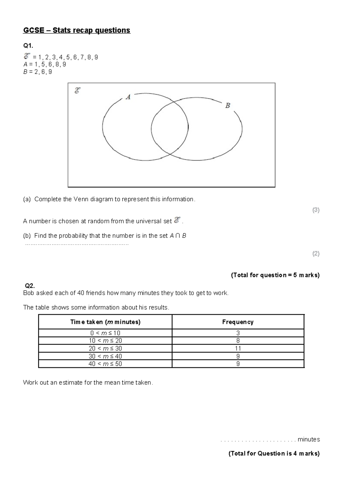 GCSE-Statistics Questions-Recap - GCSE – Stats recap questions Q1. = 1 ...