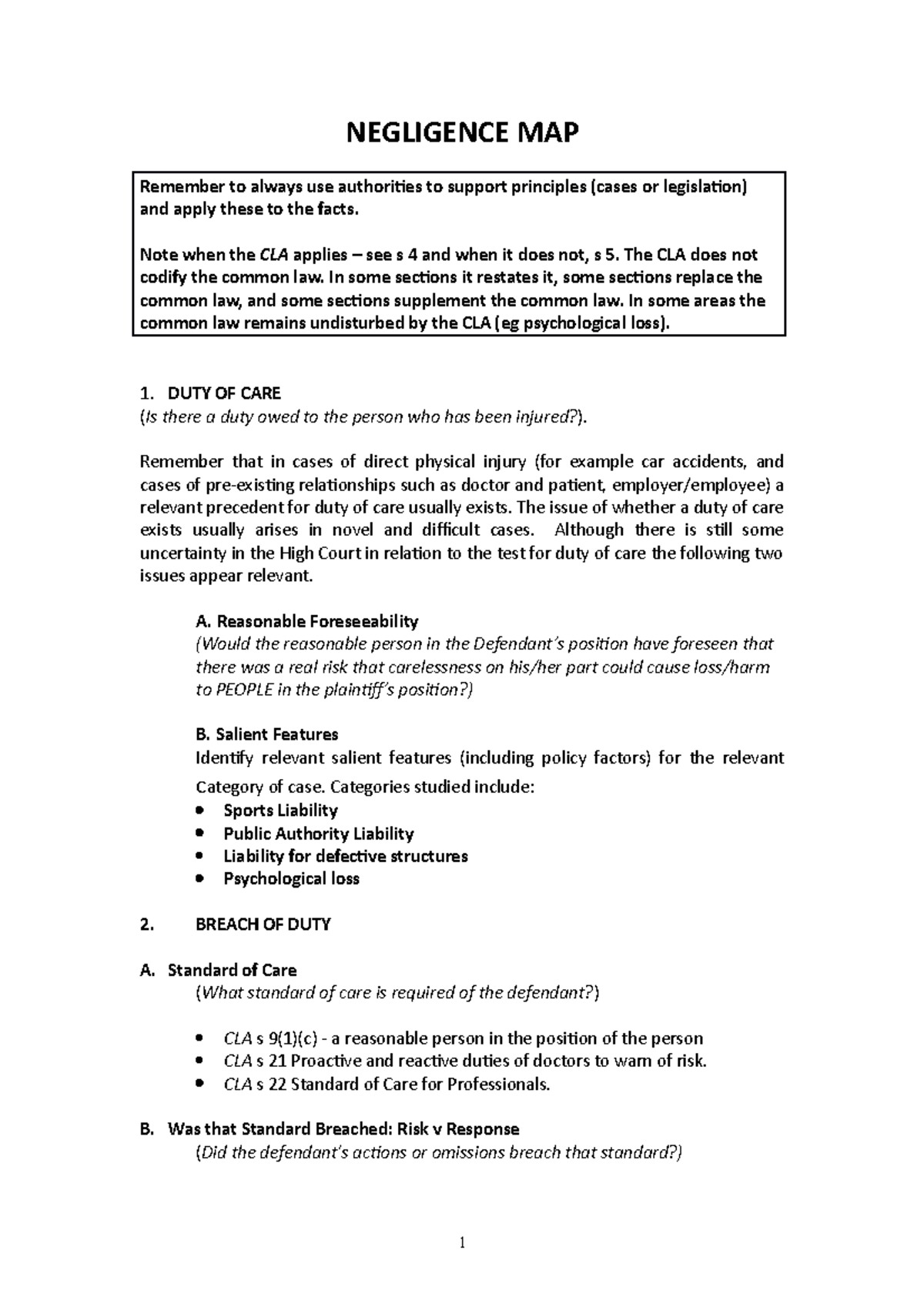 Negligence MAP and SUMMARIES - NEGLIGENCE MAP Remember to always use ...