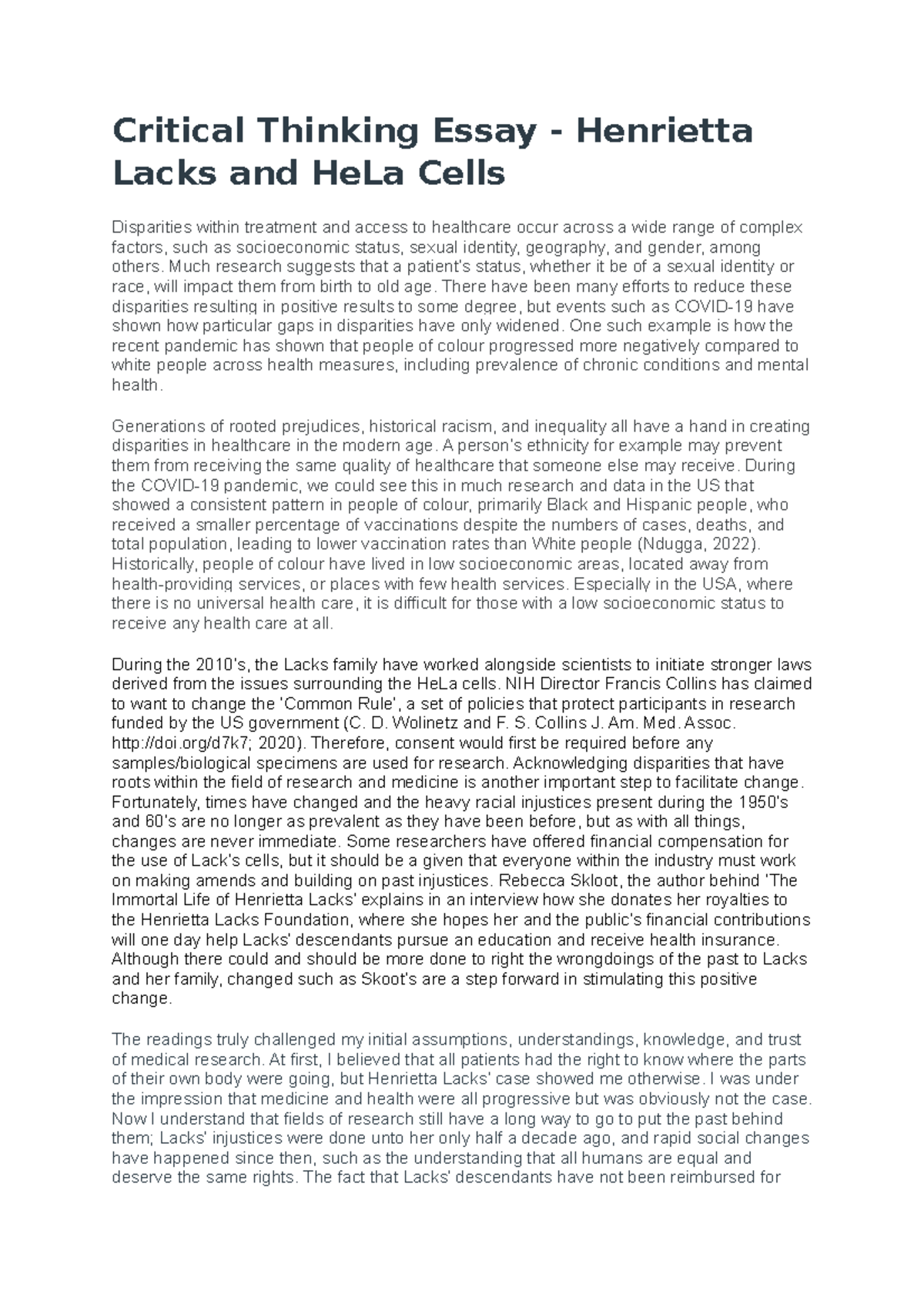 Henrietta Lacks - Critical thinking essay, 500 words minimum ...