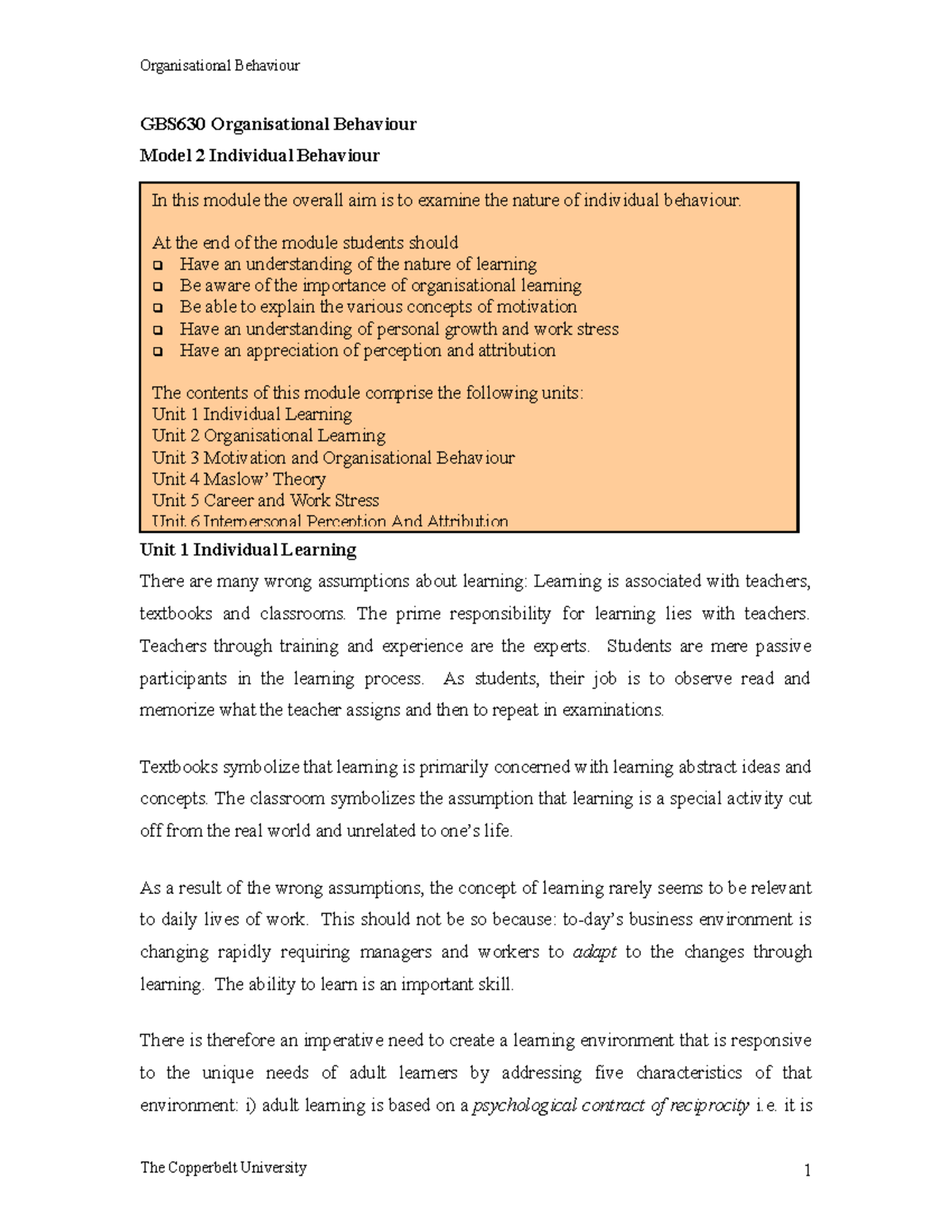 Individual Behaviour - GBS630 Organisational Behaviour Model 2 ...