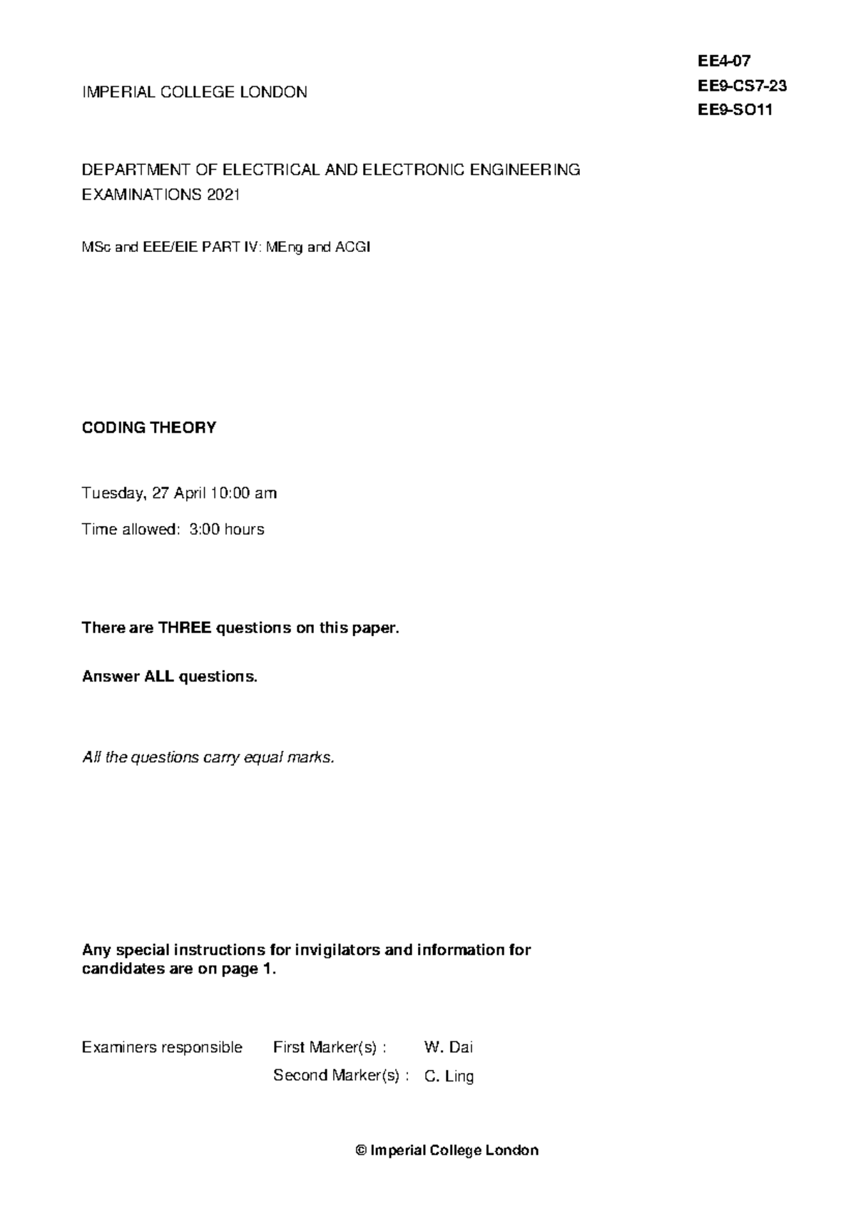 Coding Theory Exam Paper - IMPERIAL COLLEGE LONDON CODING THEORY There ...