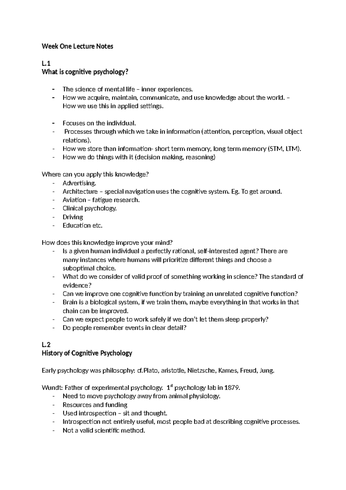 Cognitive Psychology Notes - Week One Lecture Notes L. What is ...