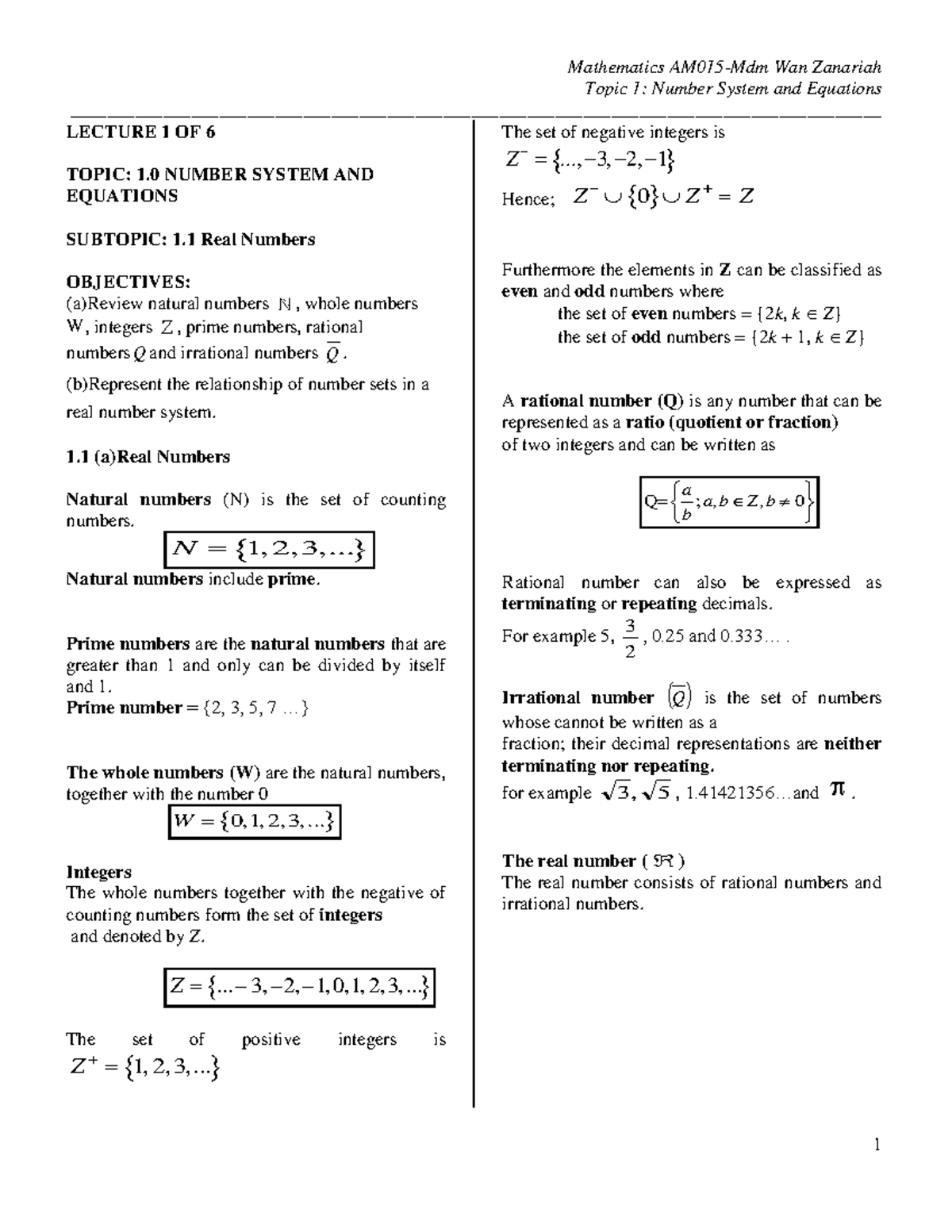 Topic 1 AM015 Sesi 2425 - lecture notes - Topic 1 : Number System and ...