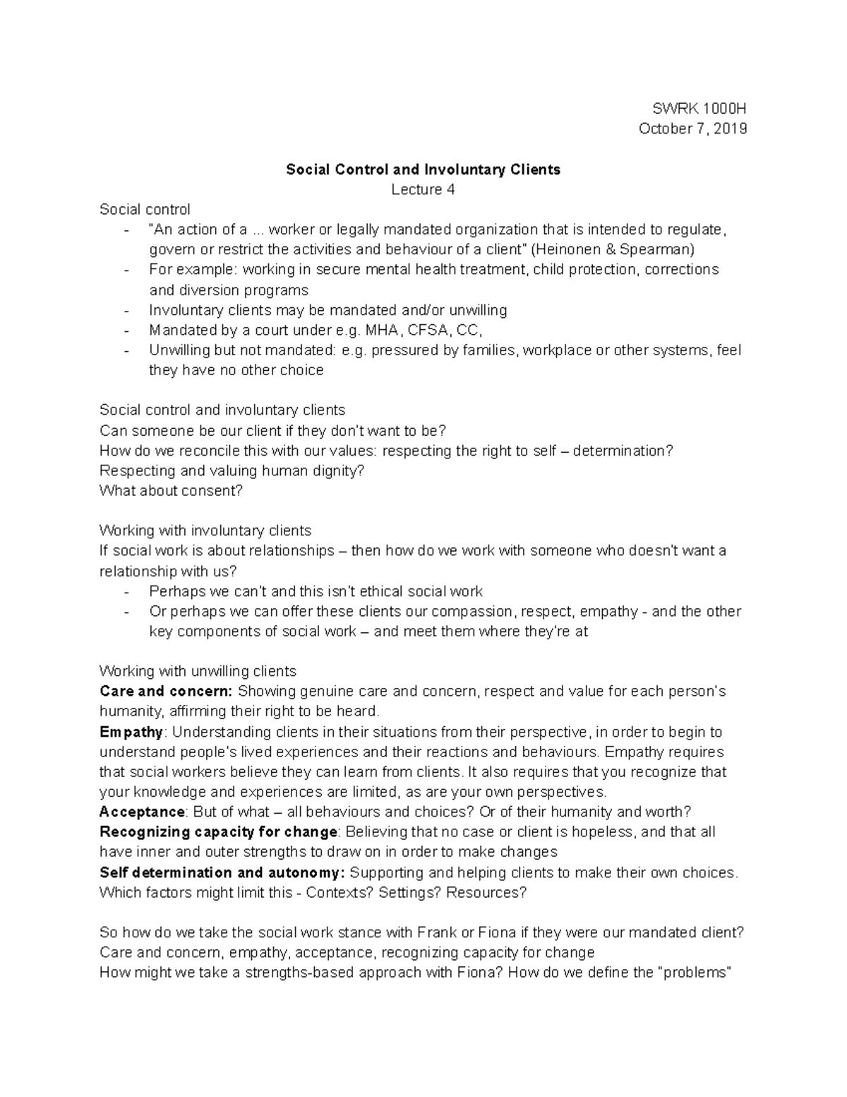 SWRK Lecture notes 4 - SWRK 1000H October 7, 2019 Social Control and ...