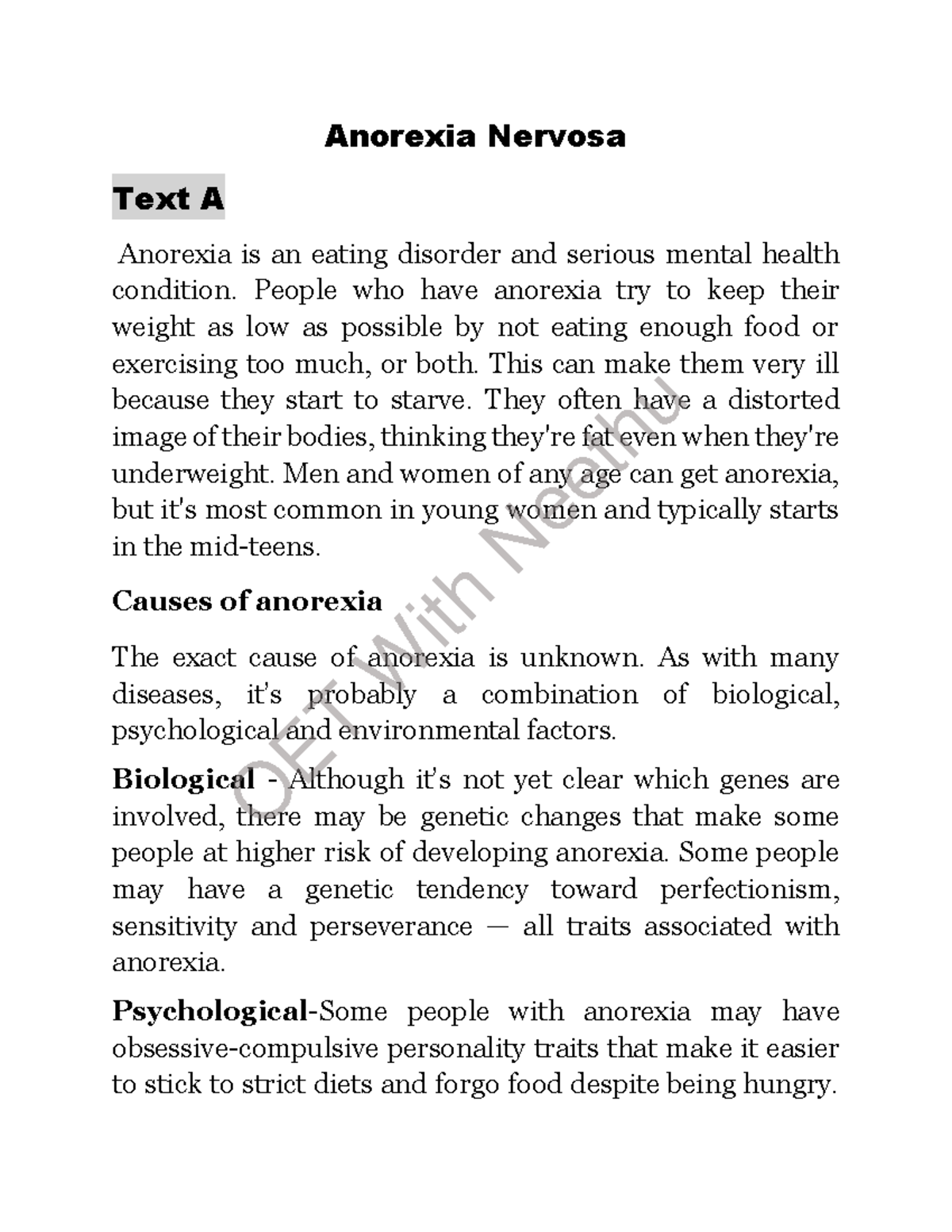 Anorexia reading part-Afor oet exam preparation - Anorexia Nervosa Text ...
