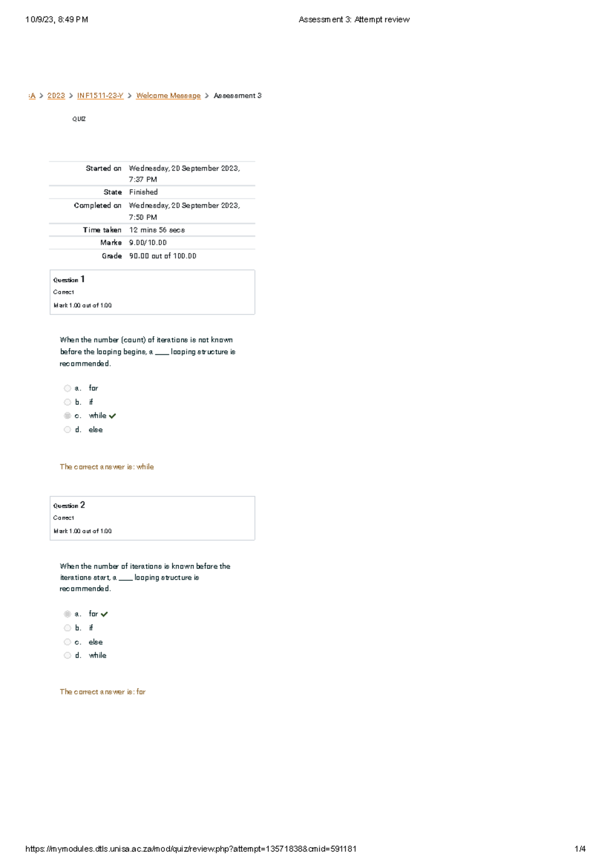 Assessment 3 Attempt review - SA 2023 INF1511-23-Y Welcome Message Assessment 3 Started on - Studocu