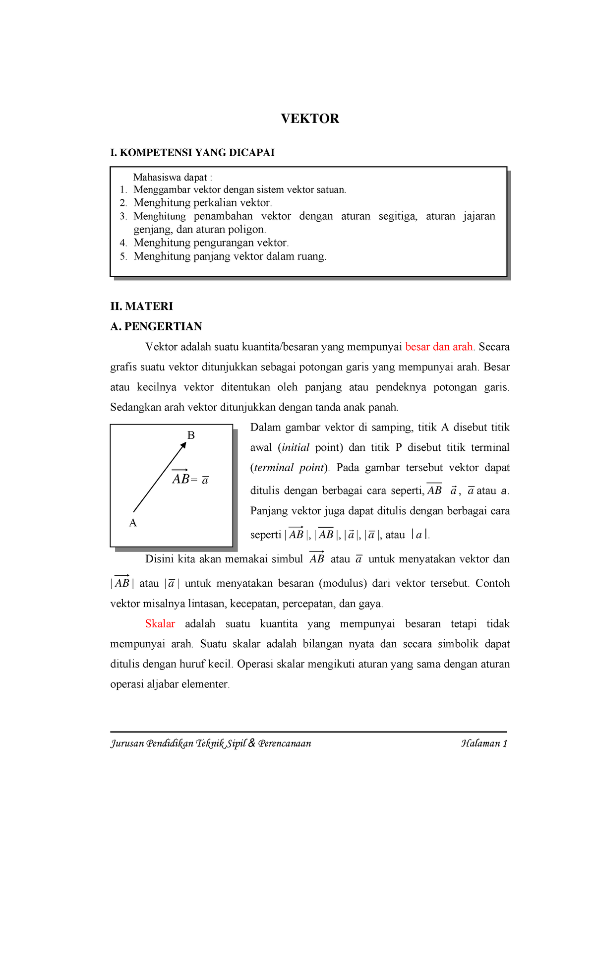 Vektor - VEKTOR I. KOMPETENSI YANG DICAPAI Mahasiswa dapat : Menggambar ...