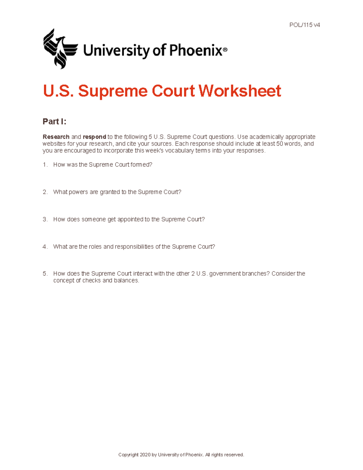 Pol115 v4 wk3 u - ... - POL/115 v U. Supreme Court Worksheet Part I ...