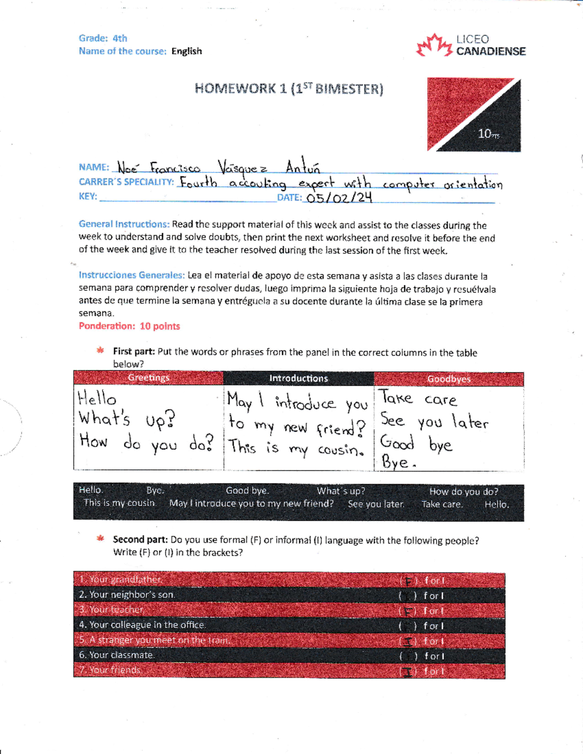 Homework 1 - dfsfsfd - Grade: 4th Name of the course: English $% LiCEC ...