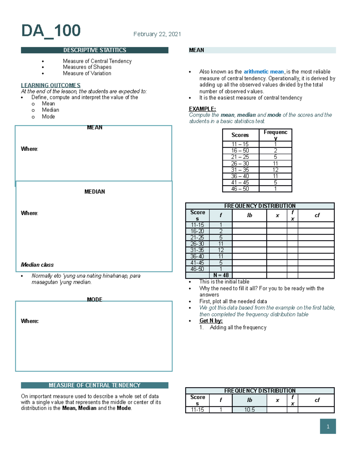DA 100 - Descriptive Statistics - DA_100 February 22, 2021 DESCRIPTIVE ...