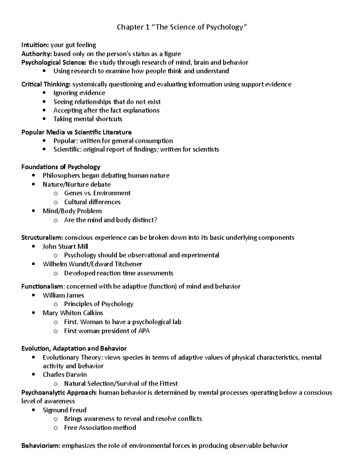 Chapter 1 Psych 1305 Outline - Chapter 1 “The Science of Psychology ...