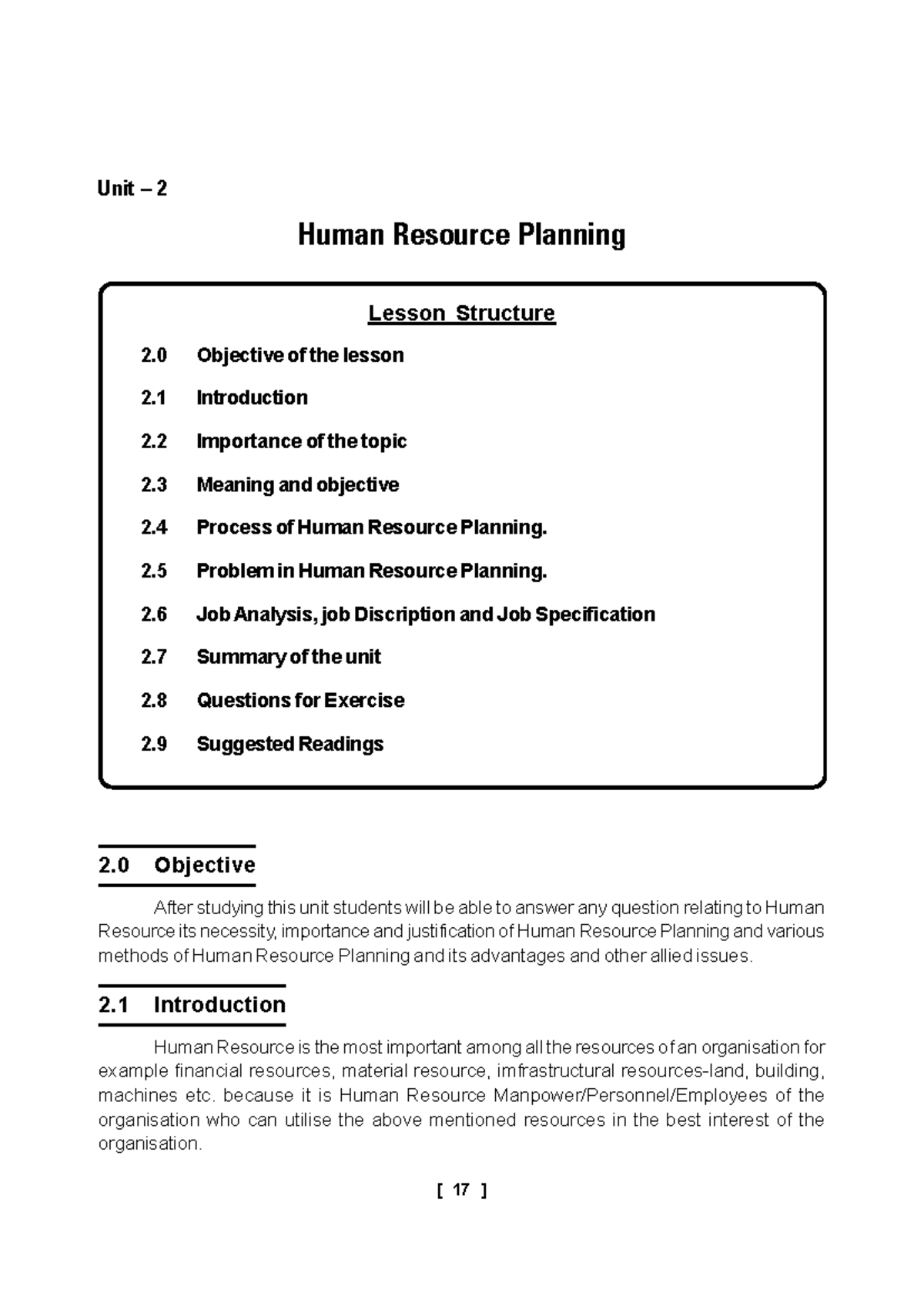 HRM - Planning II Unit - Human Resource Planning Lesson Structure 2 ...