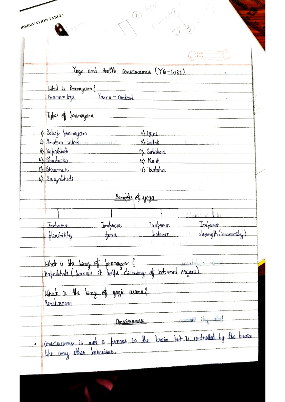 Yoga practical - OBSERV ATION TABLE: 1 Date Page Yoga and Health ...