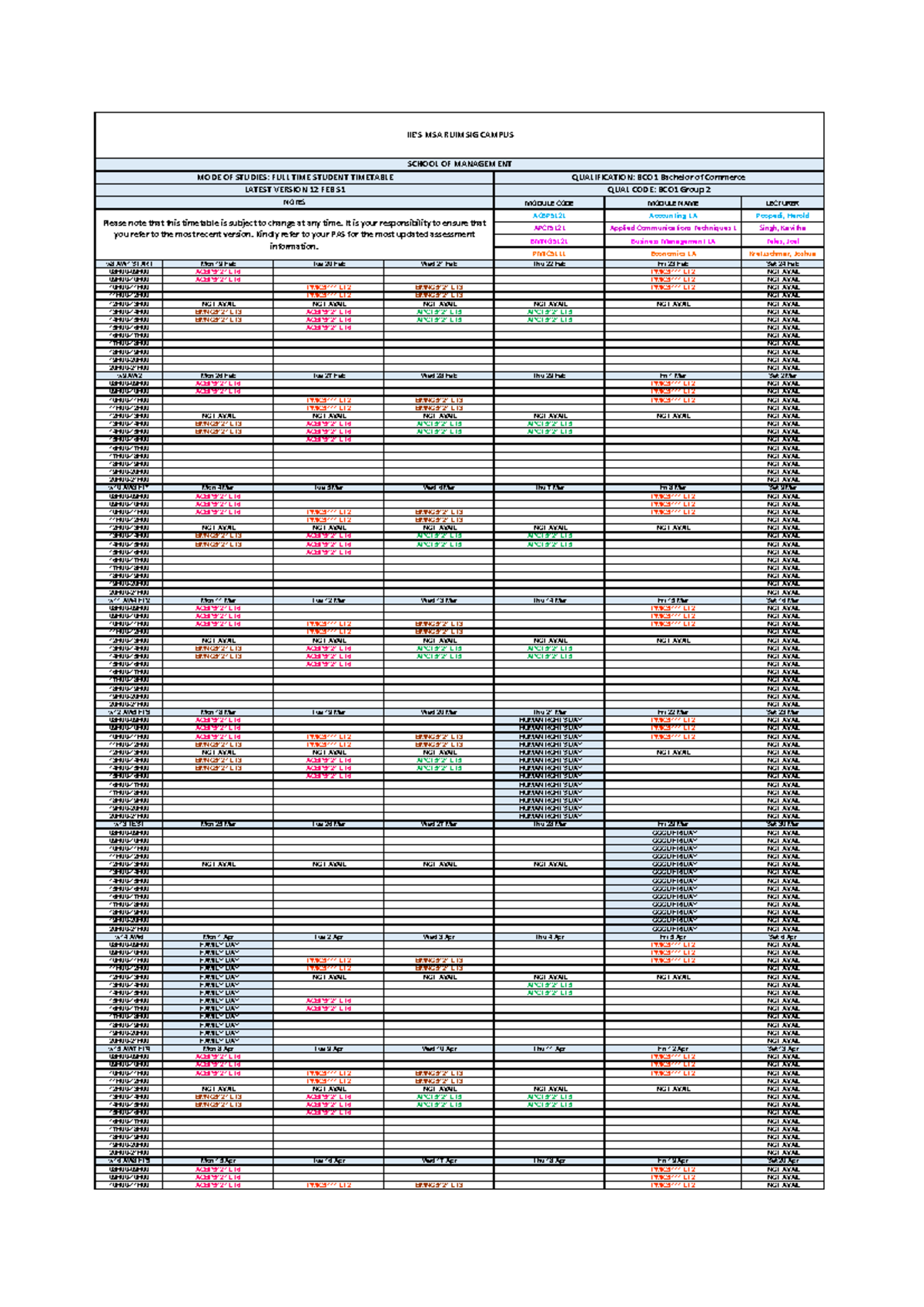 BCO1 Group 2 V1 - MODULE CODE MODULE NAME LECTURER ACBP5121 Accounting ...