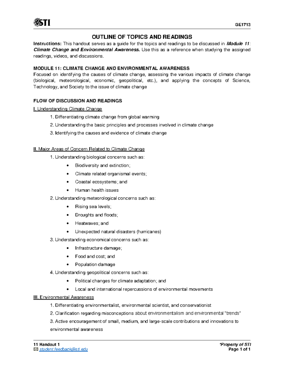 11-Handout-1 Outline Topics and Readings - GE 11 Handout 1 *Property of ...
