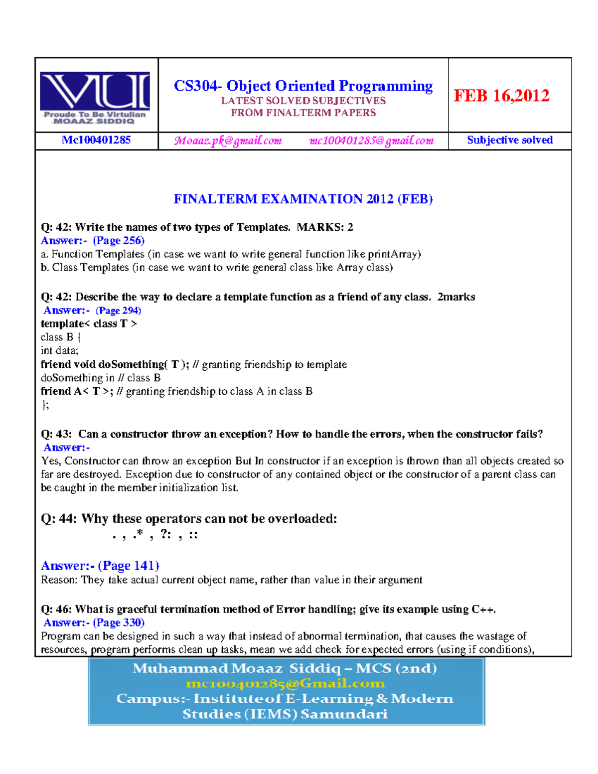 Cs304 Finalterm Solved Subjective With References By Moaaz Cs304 Object Oriented Programming