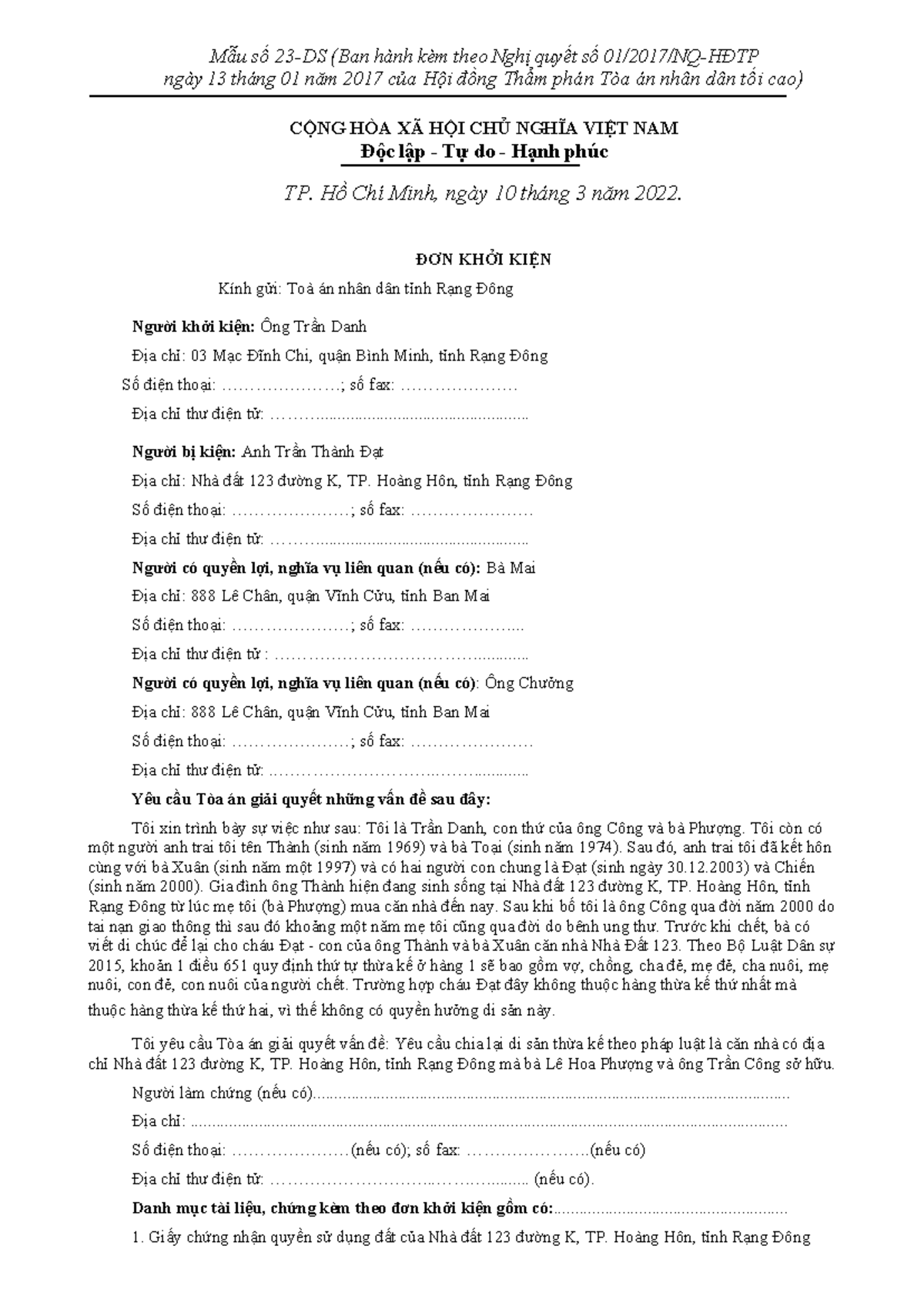 DON KHOI KIEN - mẫu đơn kc - Mẫu số 23-DS (Ban hành kèm theo Nghị quyết ...