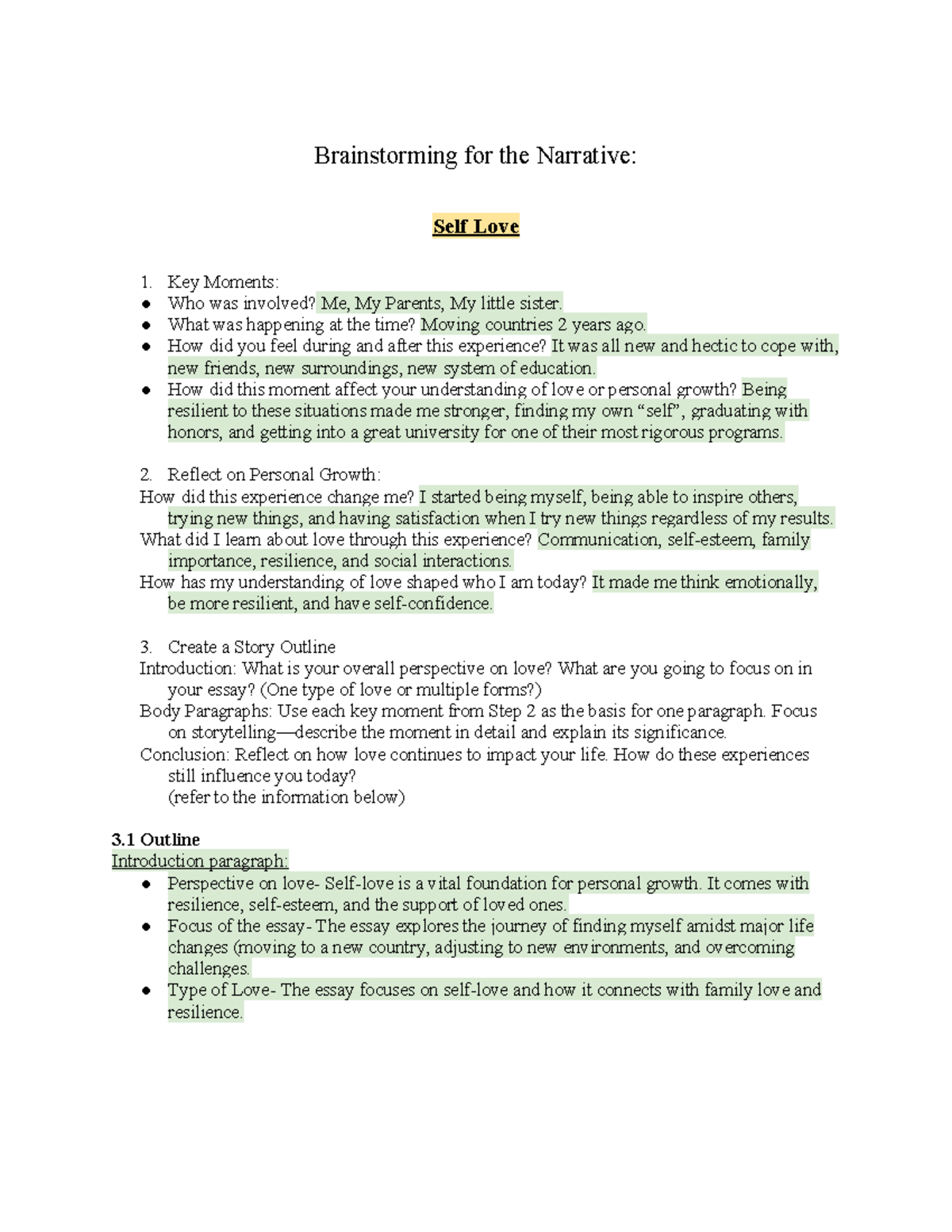 Narrative Brainstorm - Brainstorming for the Narrative: Self Love Key ...