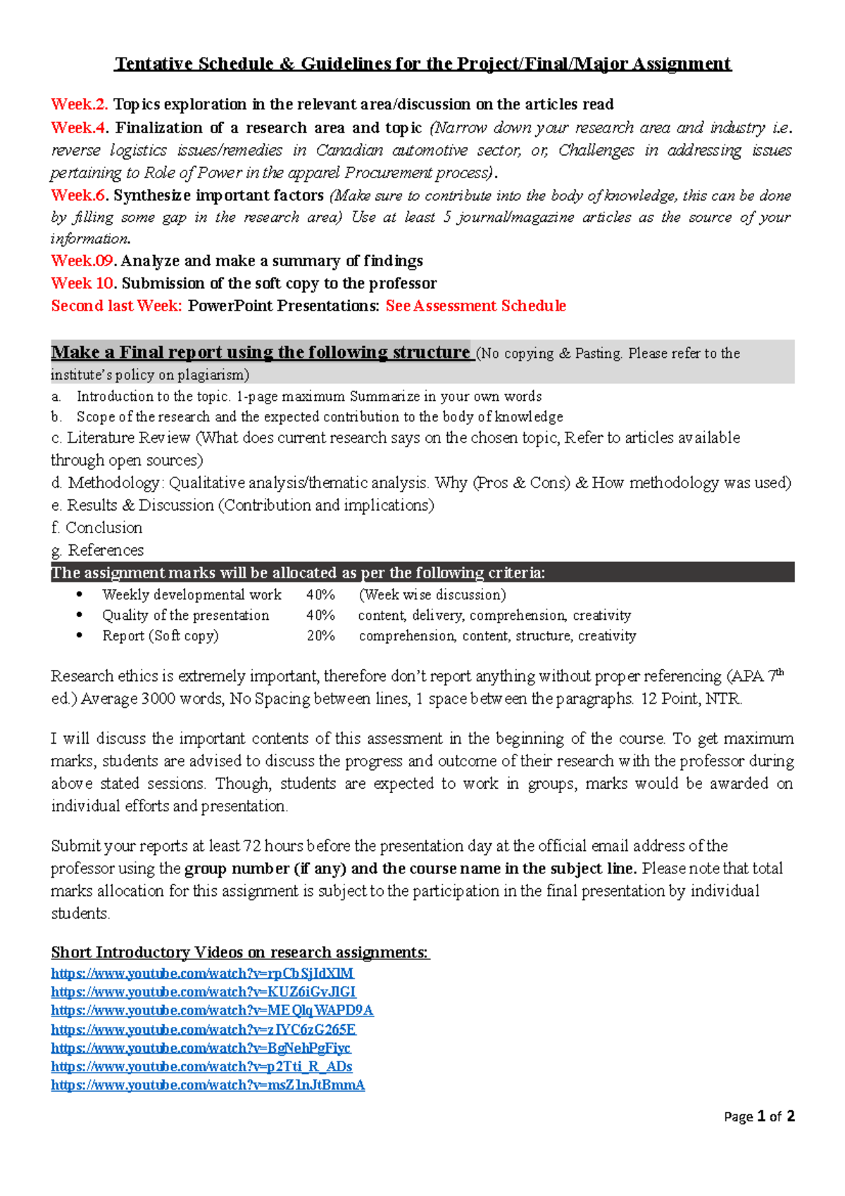 Guideline for the Project - Tentative Schedule & Guidelines for the ...