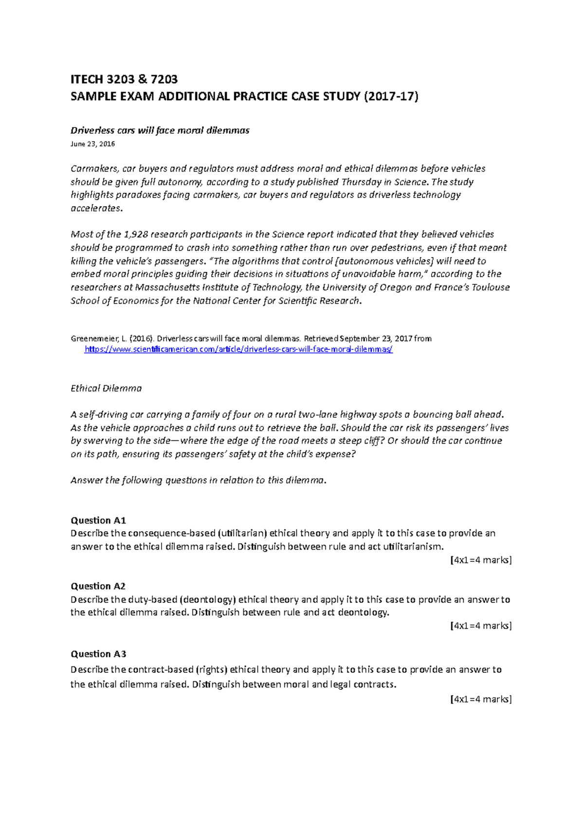 Itech 3203-7203 12 sample exam additional case study 2017-17 - ITECH 3203 & 7203 SAMPLE EXAM ...