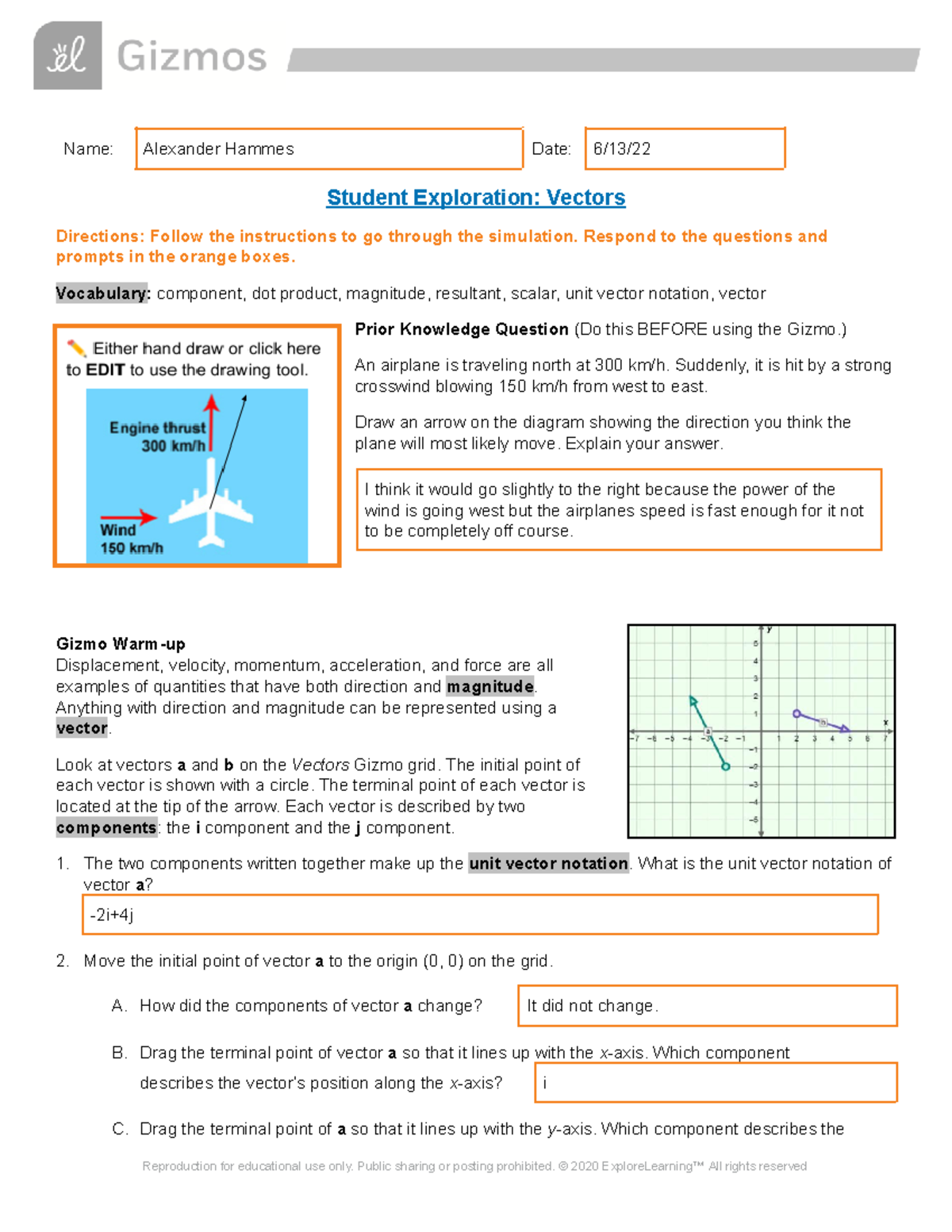 Gizmo Labs Vectors 2 - This is a Student Exploration Sheet homework ...