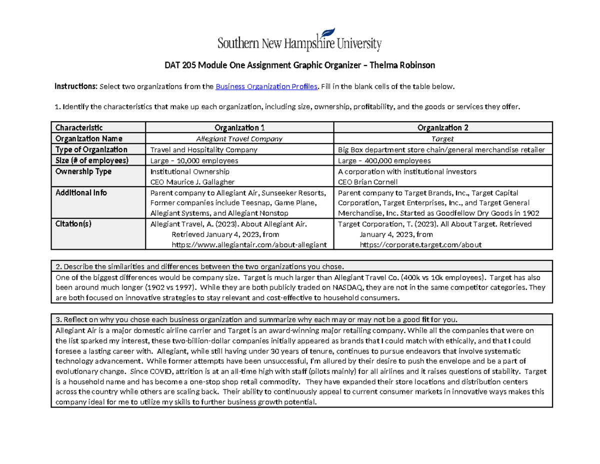 DAT 205 Module One Assignment Graphic Organizer - Thelma Robinson - DAT 205 Module One ...