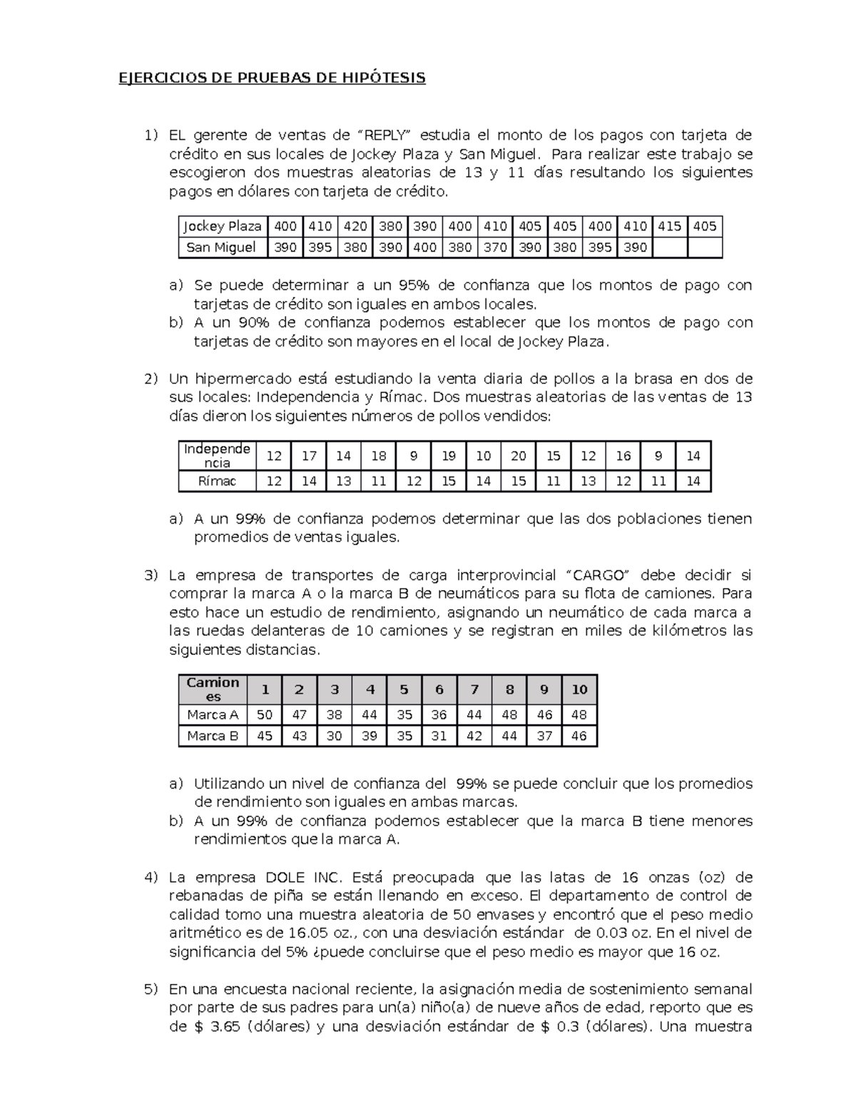 Trabajo encargado sobre Pruebas de Hipotesis Estadisticas - EJERCICIOS ...