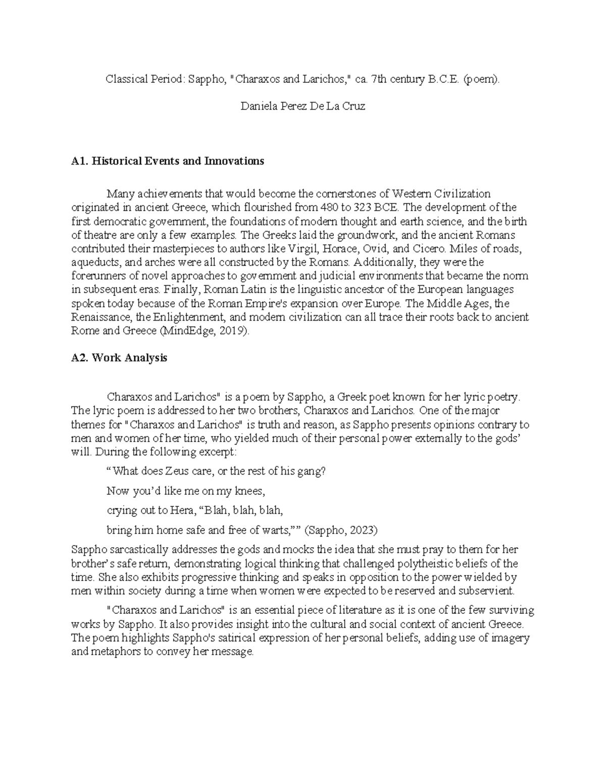 C100 Task 1 - C100 - Classical Period: Sappho, "Charaxos and Larichos ...