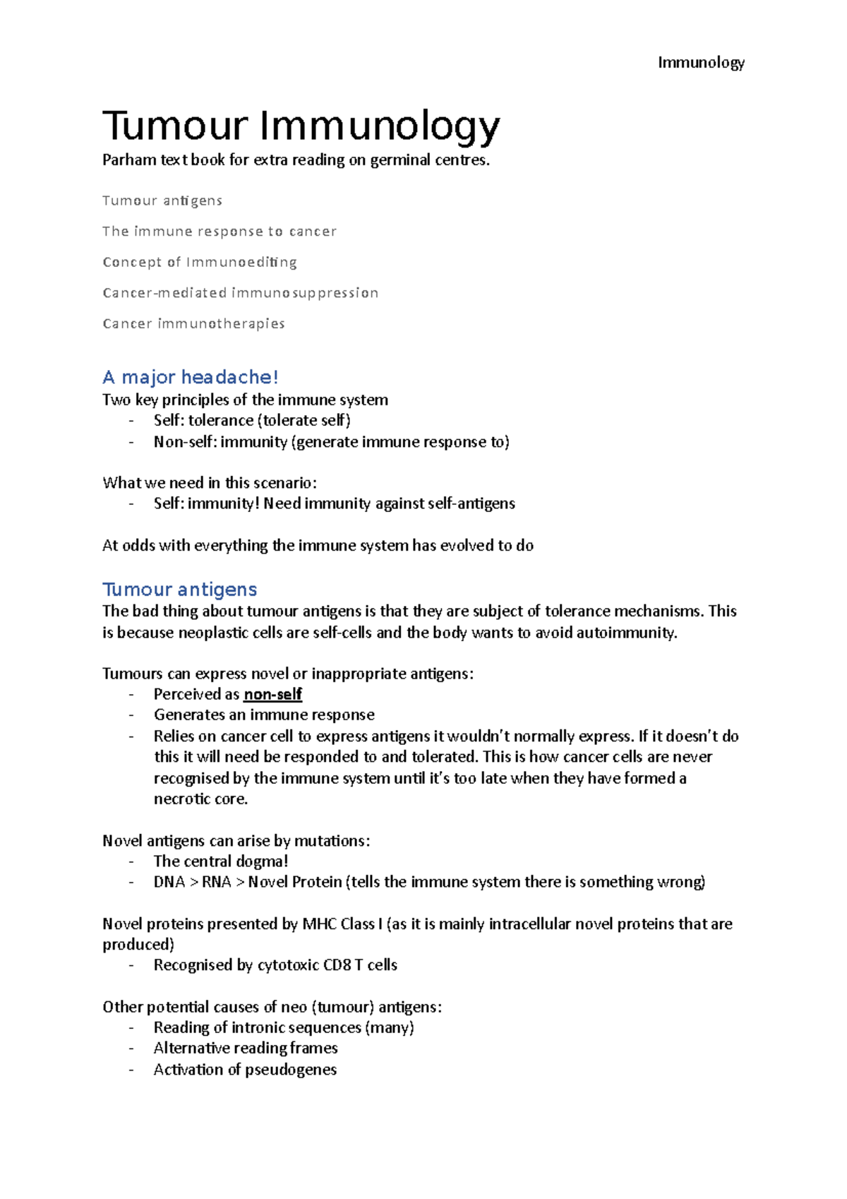 Tumour Immunology - Full Lecture and Revision Notes - Immunology Tumour ...