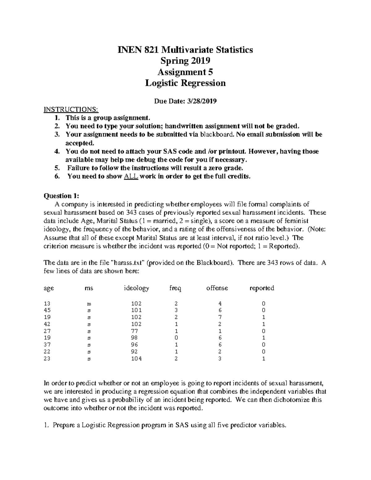 Assignment 5 key - homework solution - INEN 821 Multivariate Statistics ...
