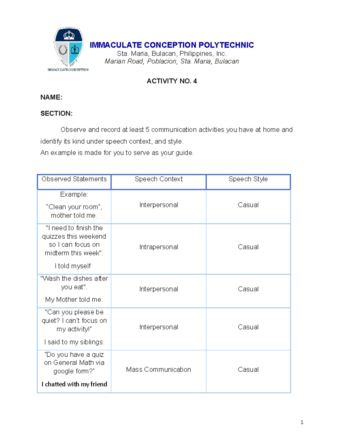 Activity 4 (Lesson 4) (2) - IMMACULATE CONCEPTION POLYTECHNIC Sta ...