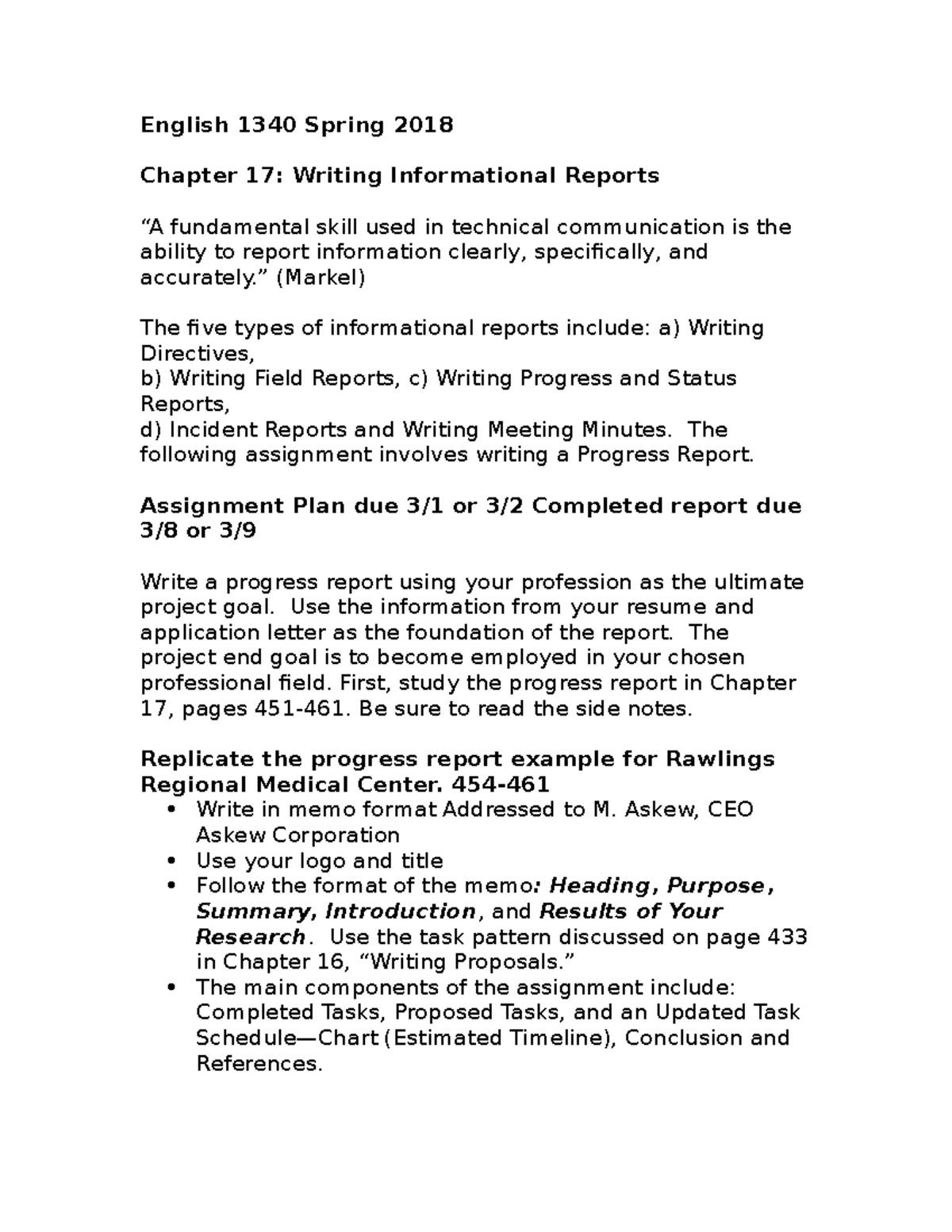 Progress Report Assignment-2 - English 1340 Spring 2018 Chapter 17 ...