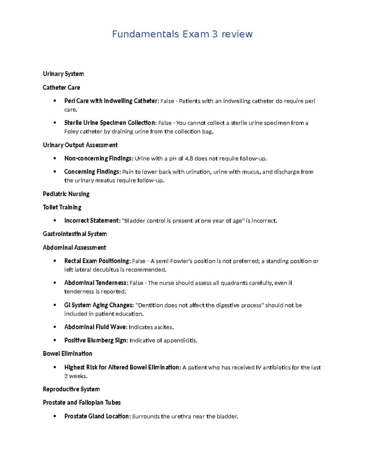 Fundamentals Exam 3 review - Fundamentals Exam 3 review Urinary System ...