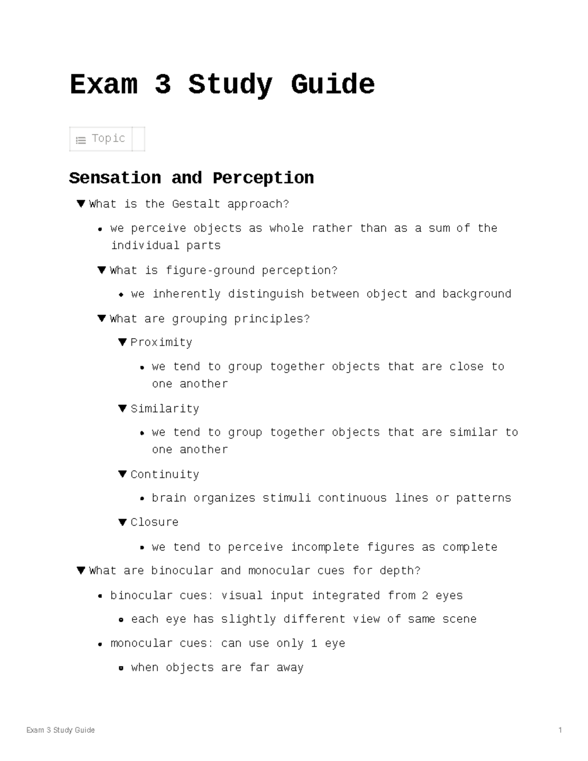 Exam 3 Study Guide - Exam 3 Study Guide Topic Sensation and Perception ...