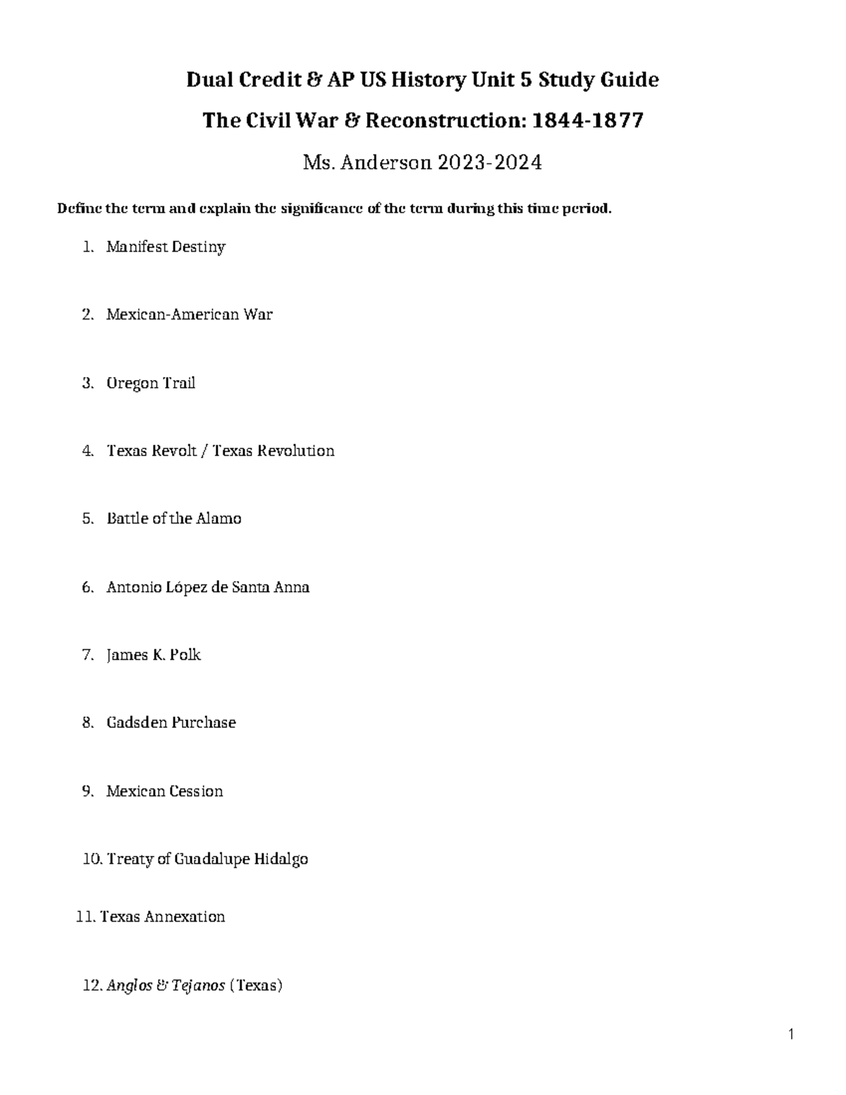 Unit 5 Study Guide - Dual Credit & AP US History Unit 5 Study Guide The ...