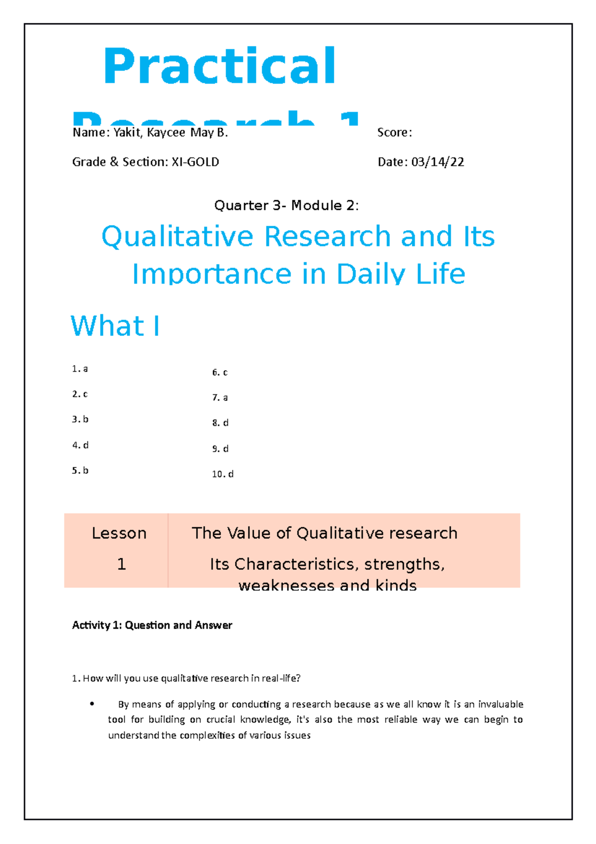 Practical research 1,module 2 qualitative research - Name: Yakit ...