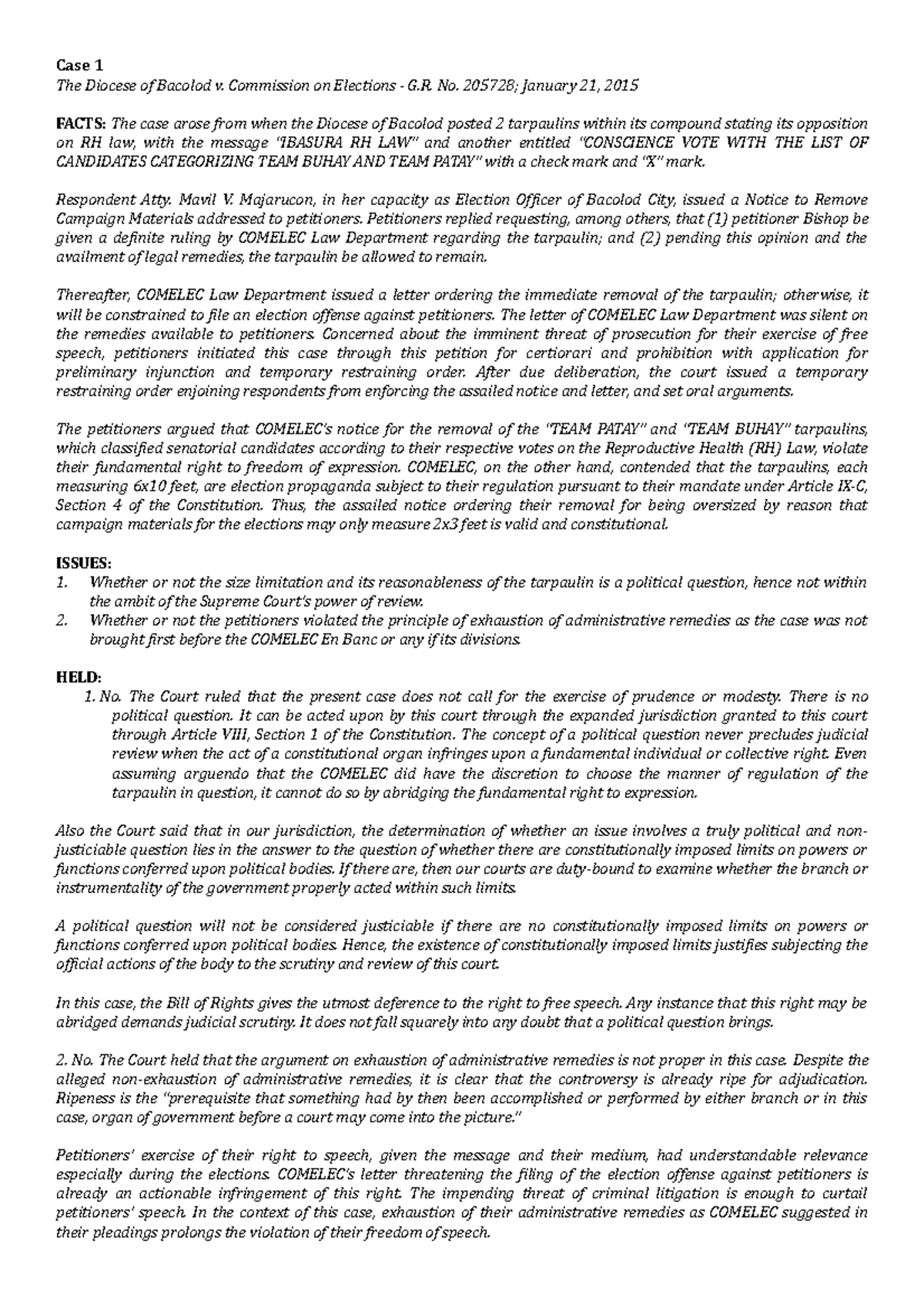 REM Digests 1-10 - Remedial law cases - Case 1 The Diocese of Bacolod v ...