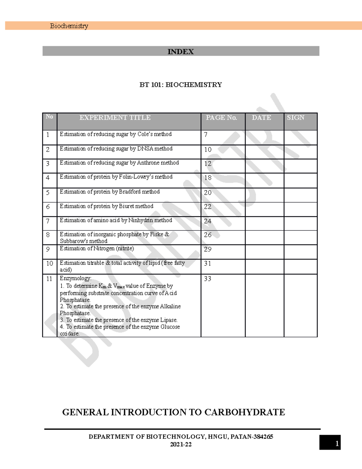 Biochemistry practicals for msc - INDEX BT 101: BIOCHEMISTRY No ...