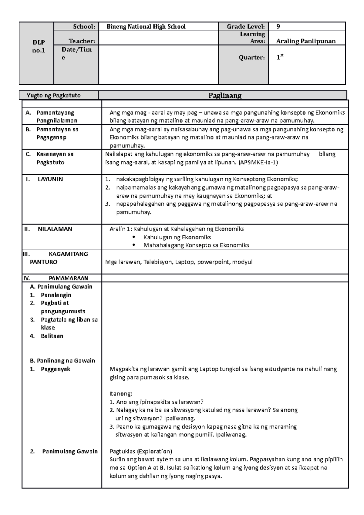 DLP9- 1 - grade 9 DLP - DLP no. School: Bineng National High School ... DLP9- 1 - grade 9 DLP - DLP no. School: Bineng National High School ...