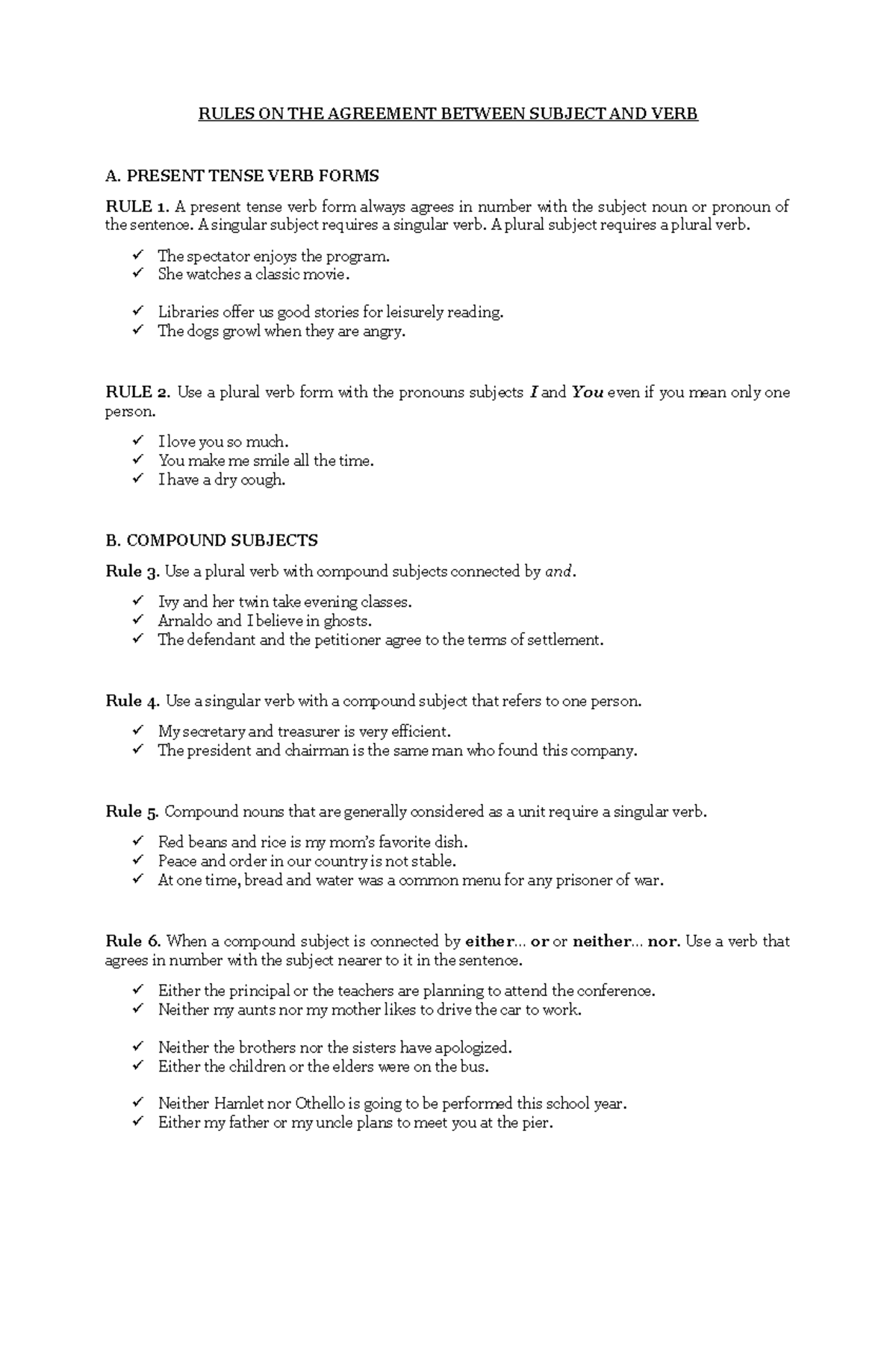 Rules ON S-V Agreement- Handouts - RULES ON THE AGREEMENT BETWEEN ...